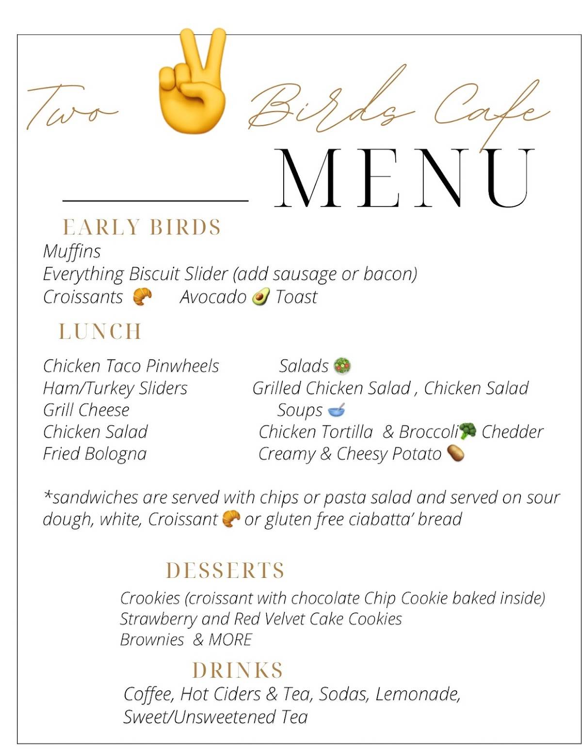Menu at Two Birds Cafe & Sawdust & Splinters, Horse Cave