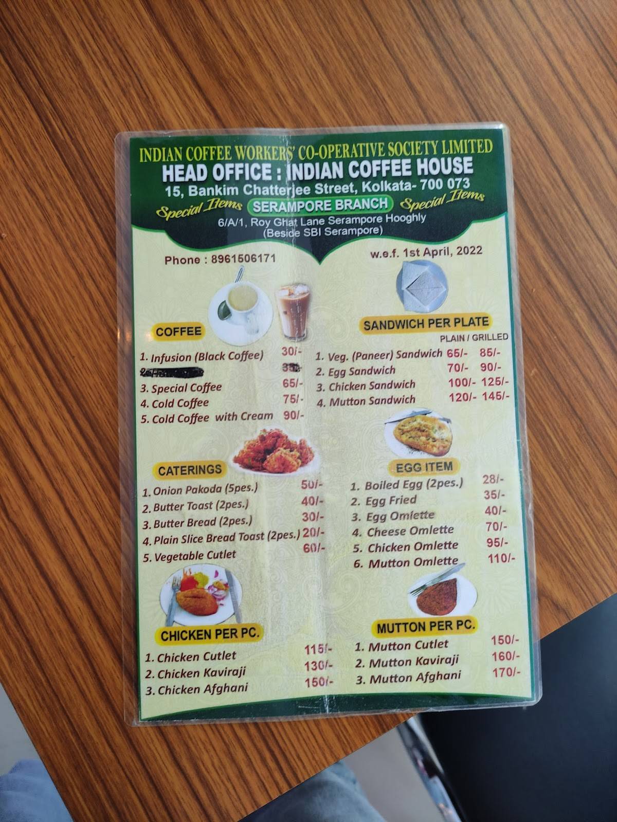 Menu at Indian Coffee House, Serampore, Kolkata, 6/A/1