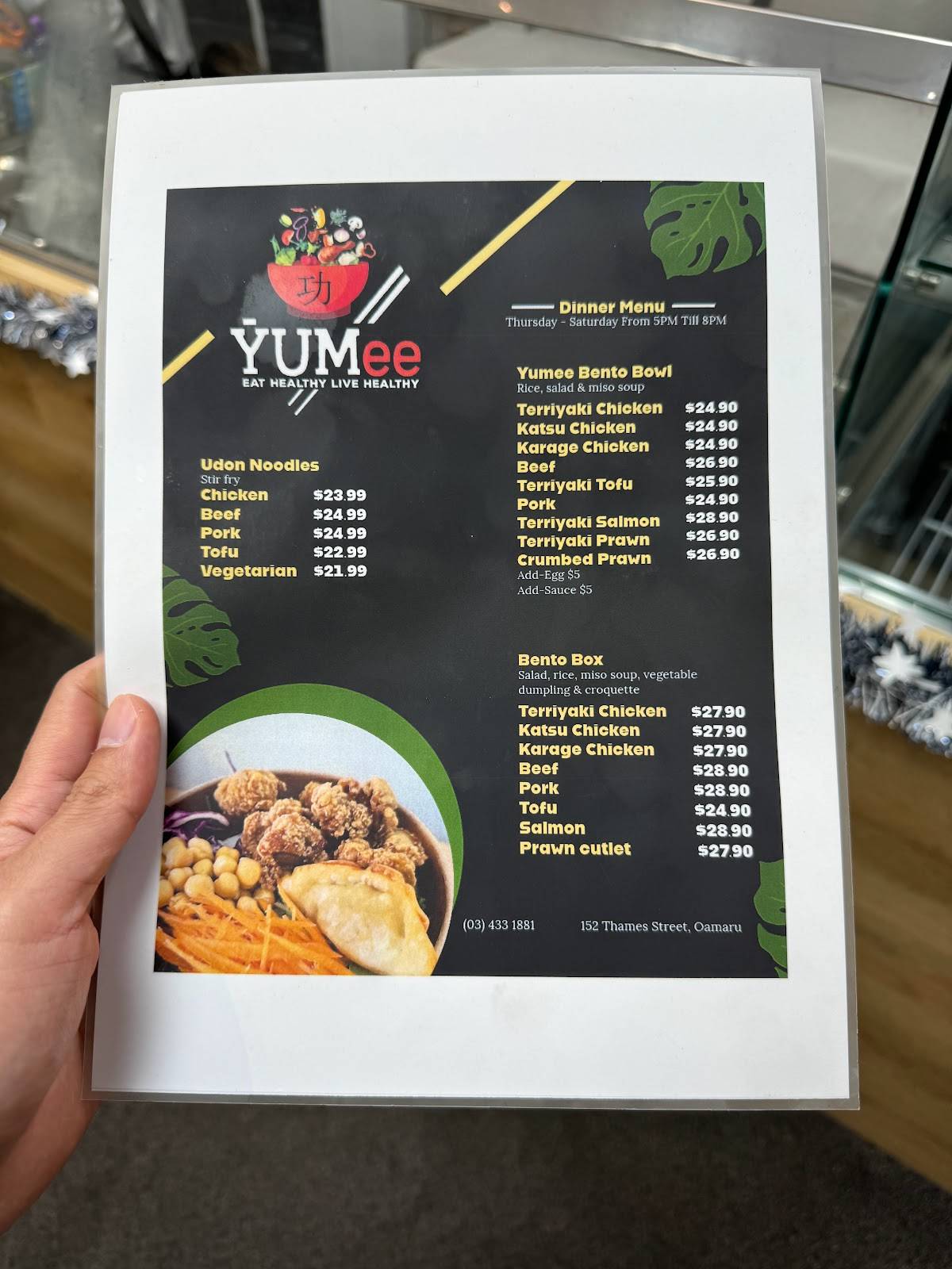 Menu at Yumee bento bowl restaurant, Oamaru