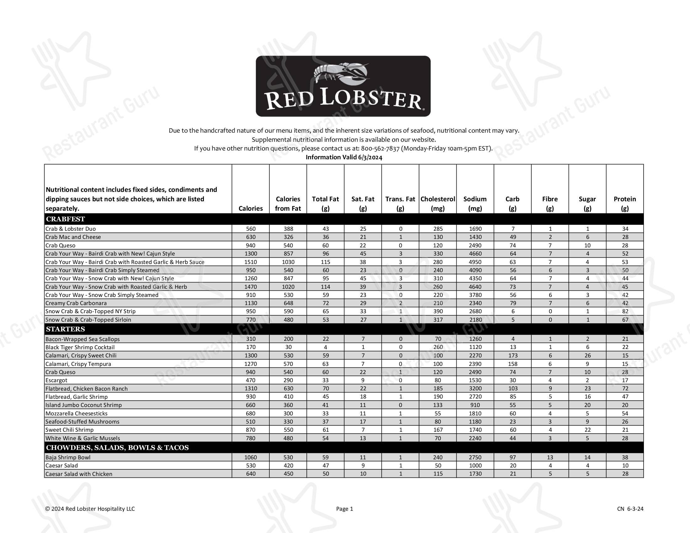 Menu at Red Lobster restaurant, Winnipeg, 1540 Portage Ave