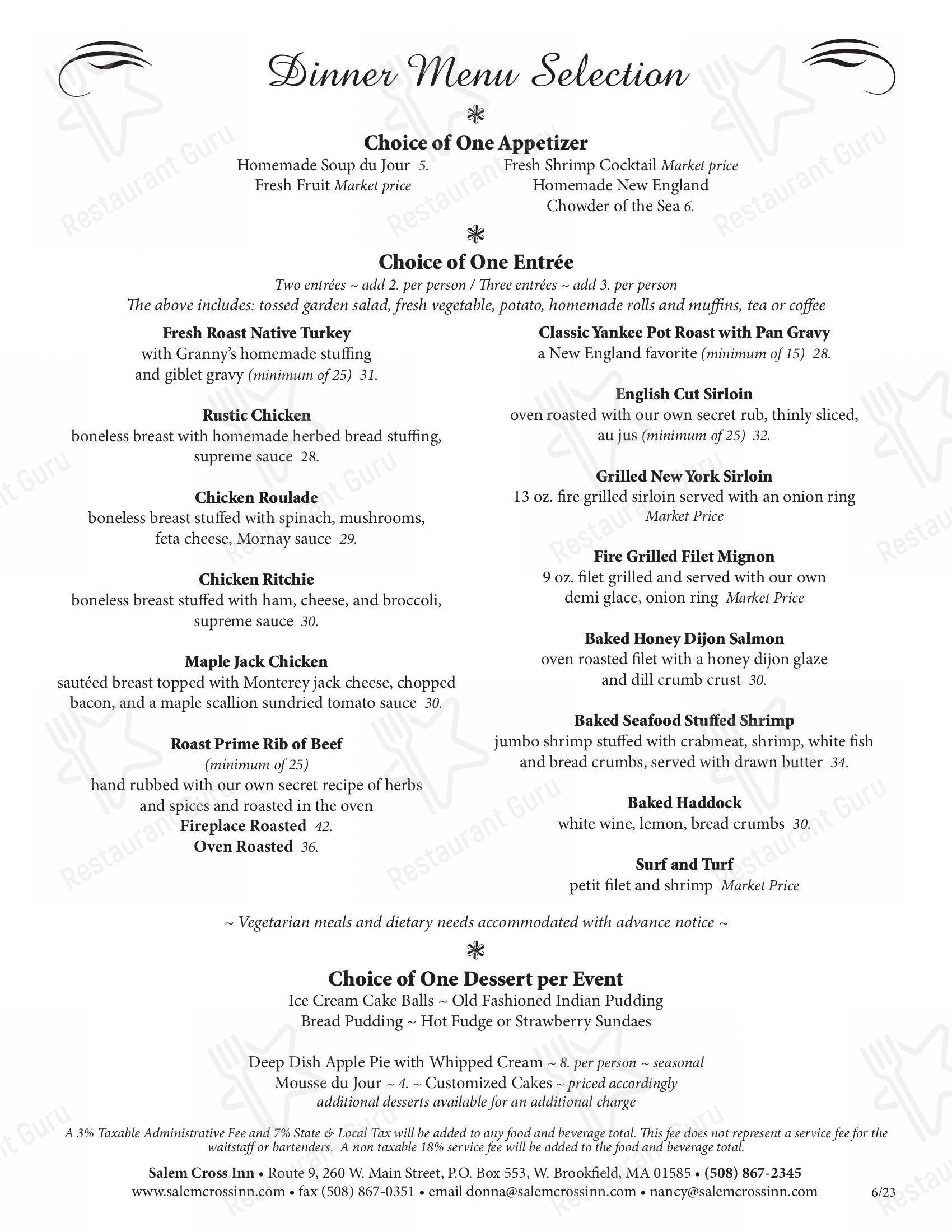 Menu at Salem Cross Inn restaurant, West Brookfield