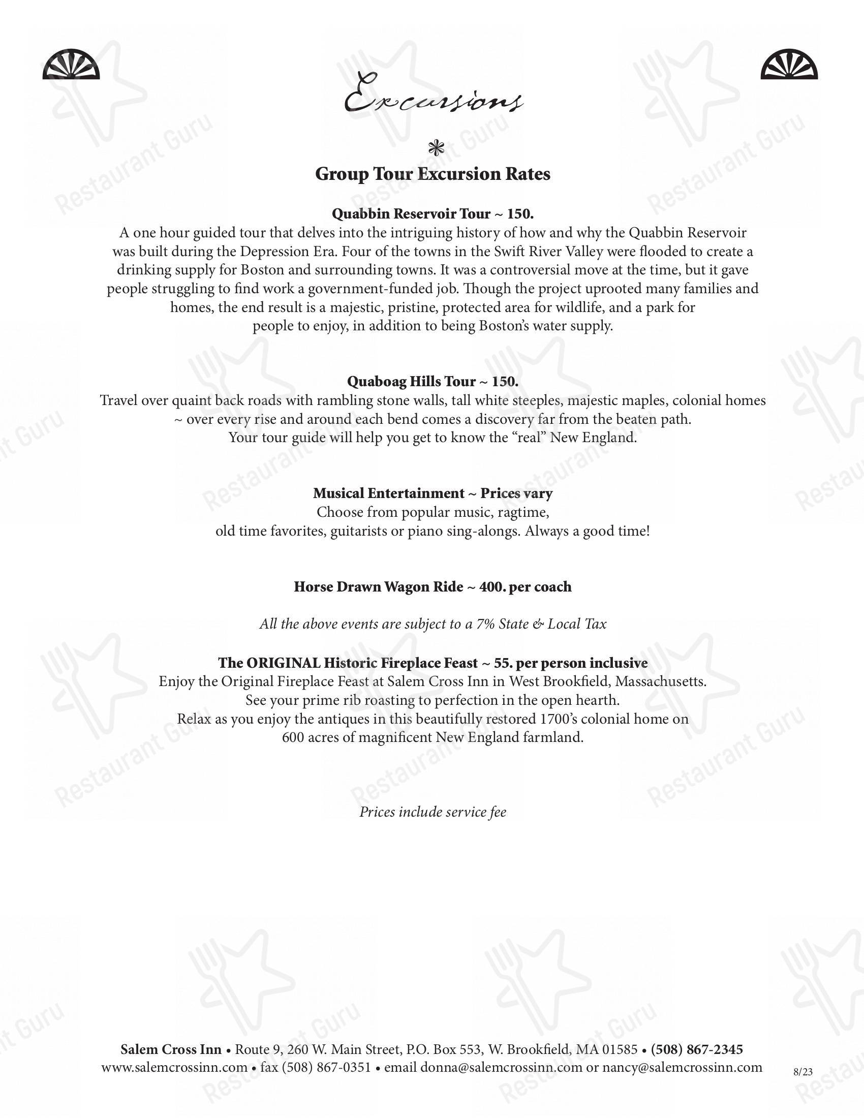 Menu at Salem Cross Inn restaurant, West Brookfield