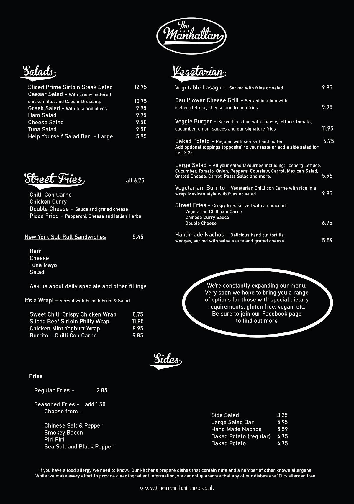 Menu at The Manhattan restaurant, Sheffield