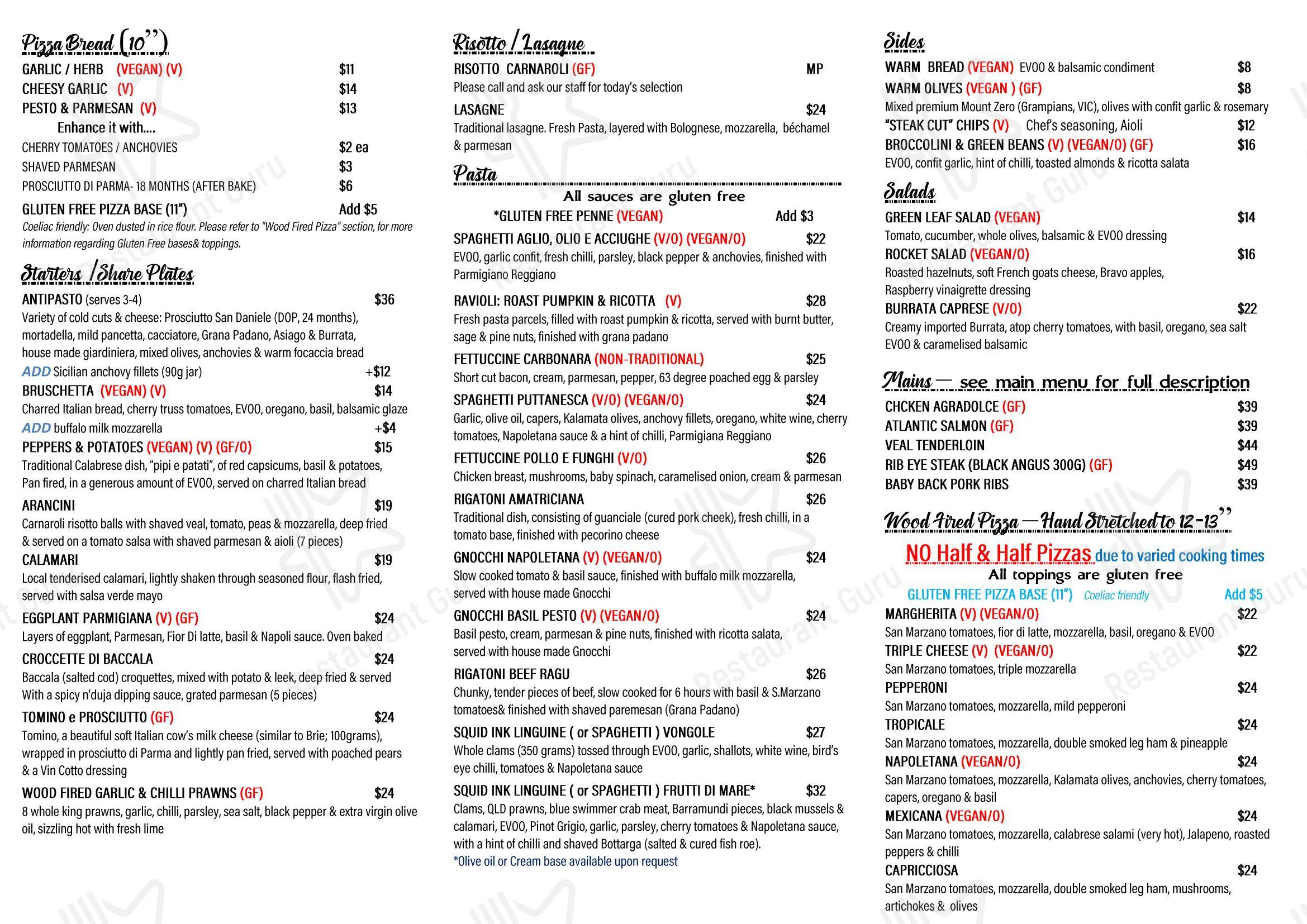 Menu at SoLita Pizzeria, Restaurant & Bar, Canberra