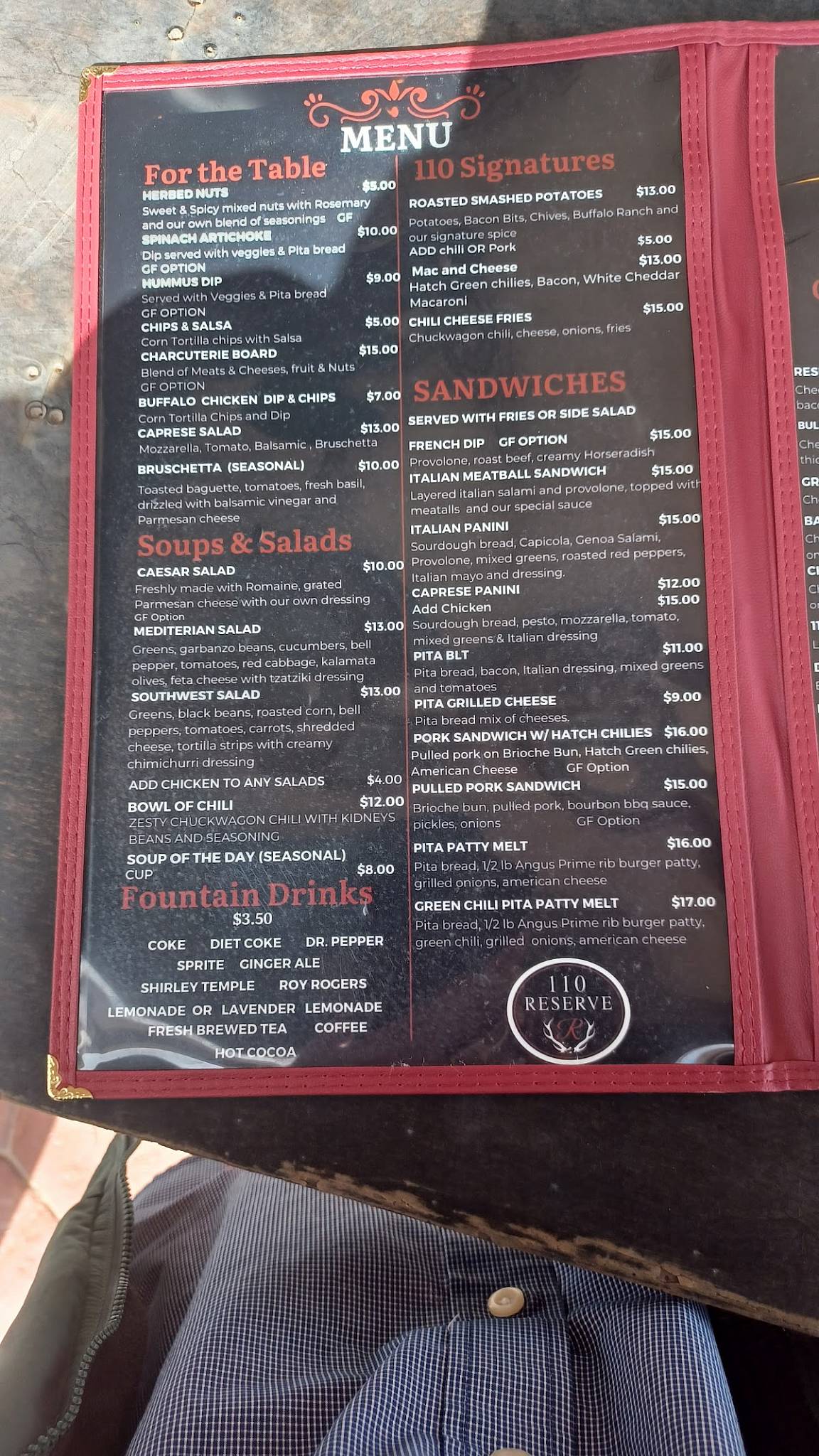 Menu at 110 Reserve pub & bar, Woodland Park