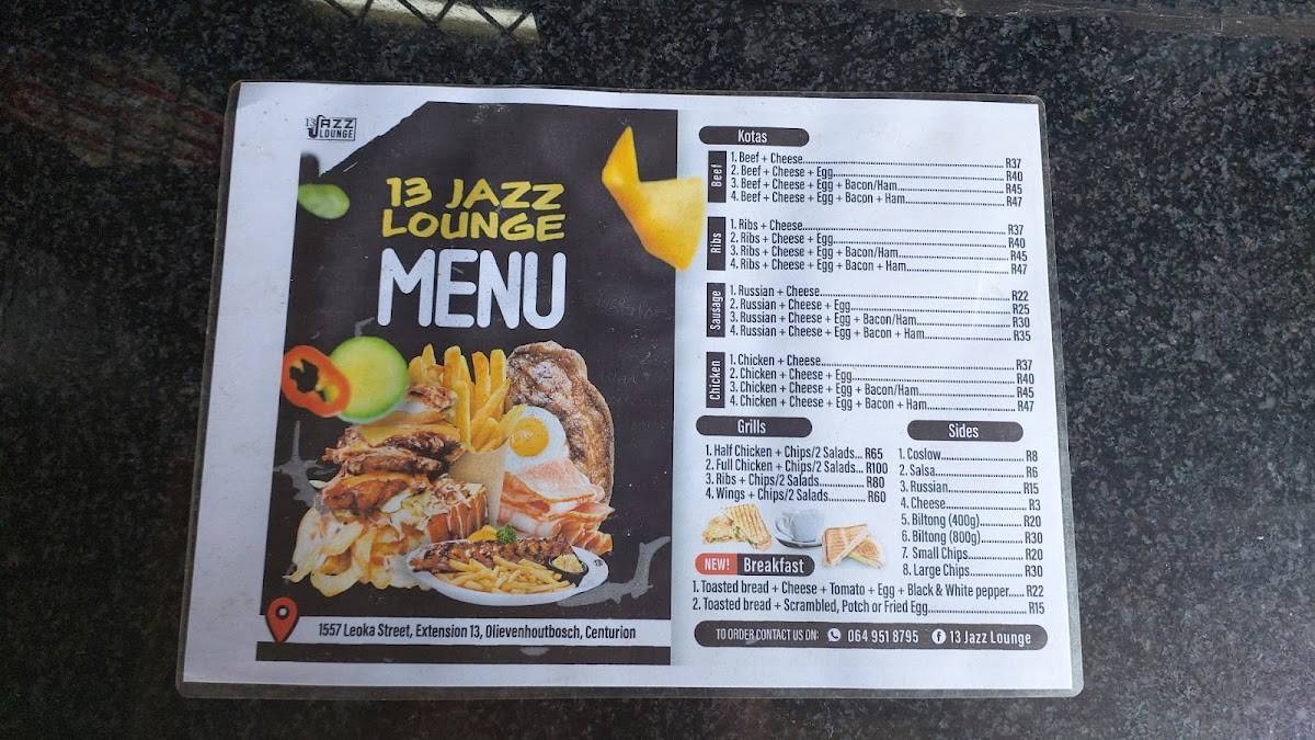 Menu at 13 Jazz Lounge pub & bar, Centurion