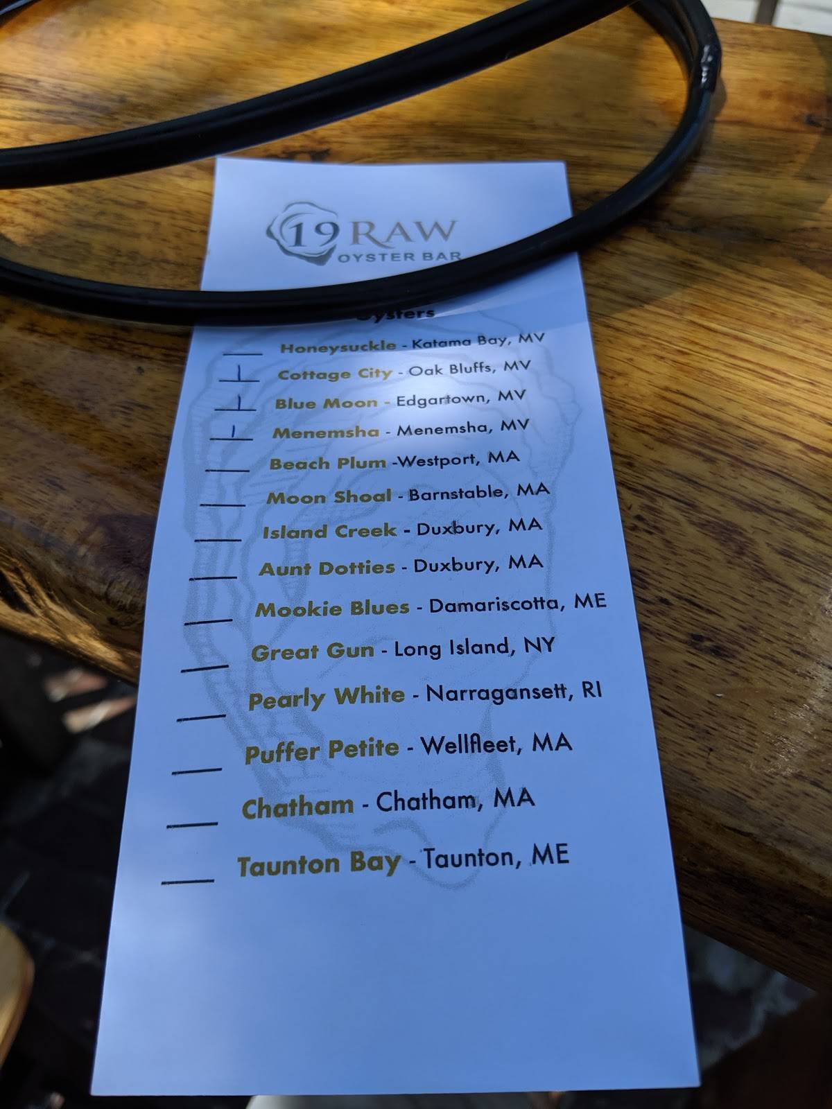 Menu at 19 Raw Oyster Bar, Edgartown