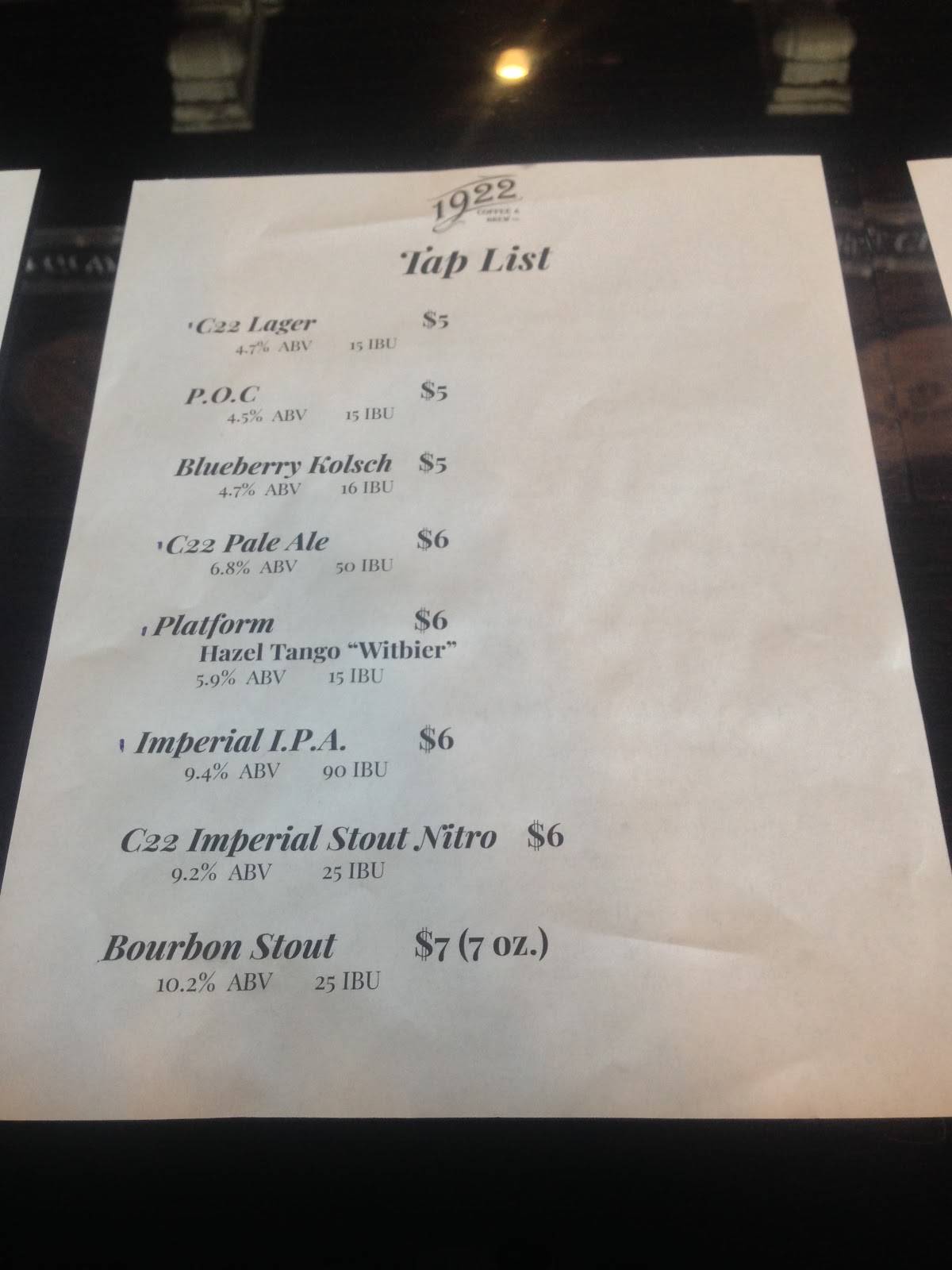 Menu at 1922 Coffee And Brew pub & bar, Painesville