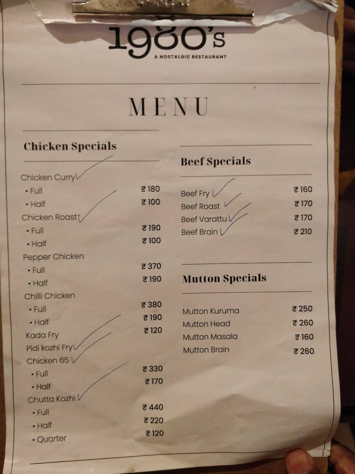 Menu at 1980’s A Nostalgic Restaurant, Kozhikode