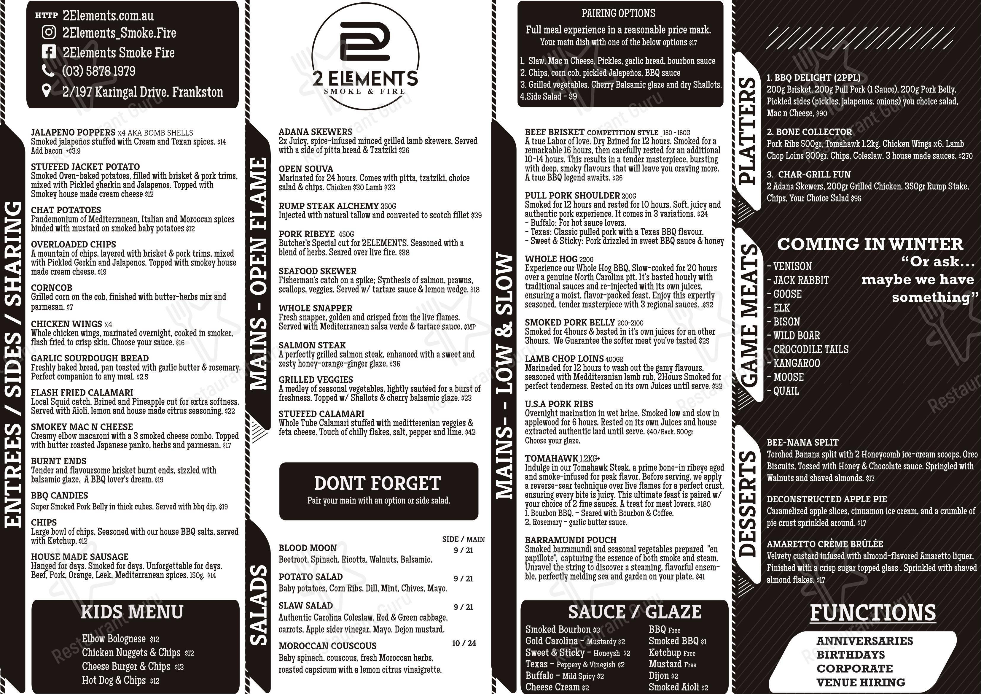 Menu at 2ELEMENTS RESTAURANT KARINGAL, Frankston
