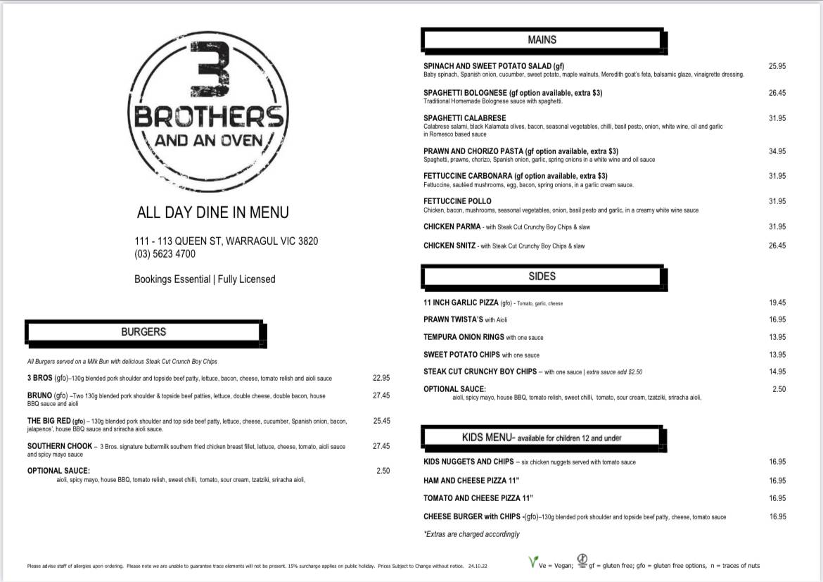 Menu at 3 Brothers And An Oven restaurant, Warragul