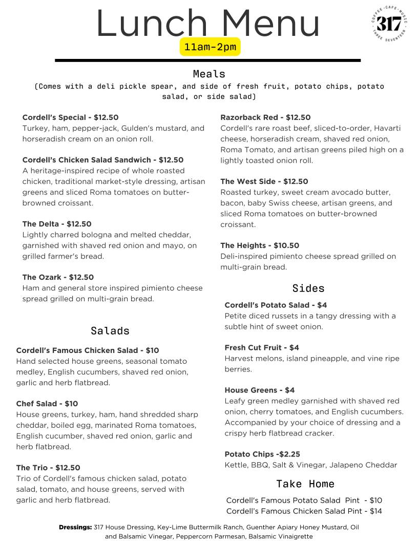 Menu at 317 Coffee & Cafe, Little Rock