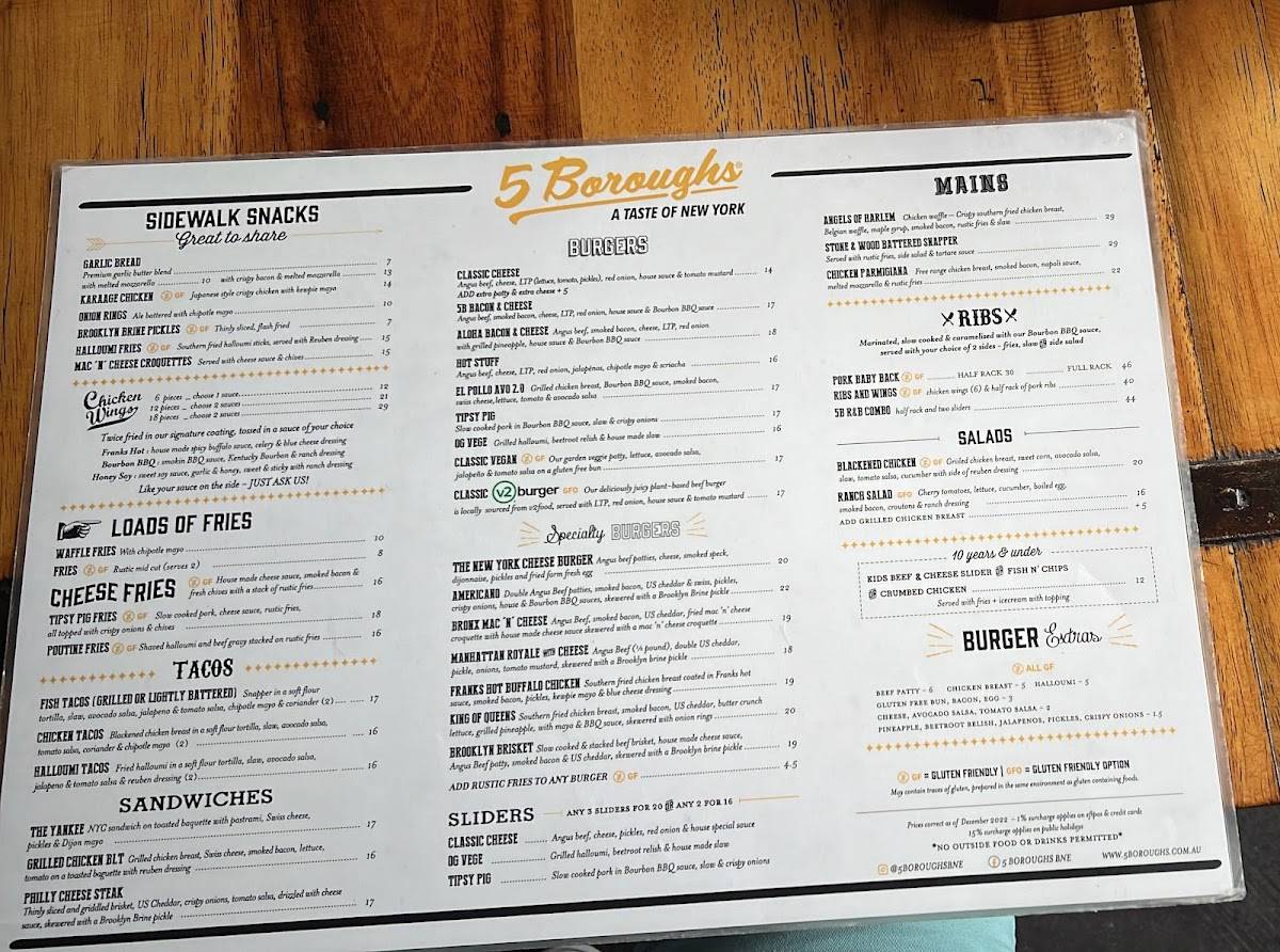 Menu at 5 Boroughs Stones Corner restaurant, Greenslopes, 9/401-405 ...