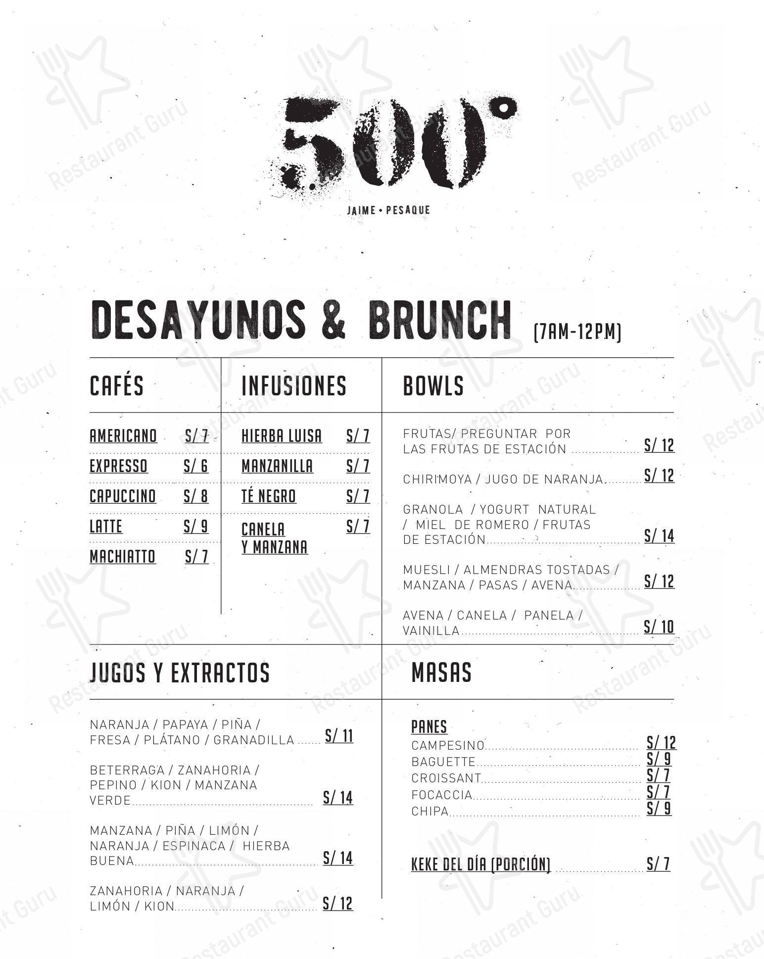Carta del restaurante 500 GRADOS by Jaime Pesaque, Lima