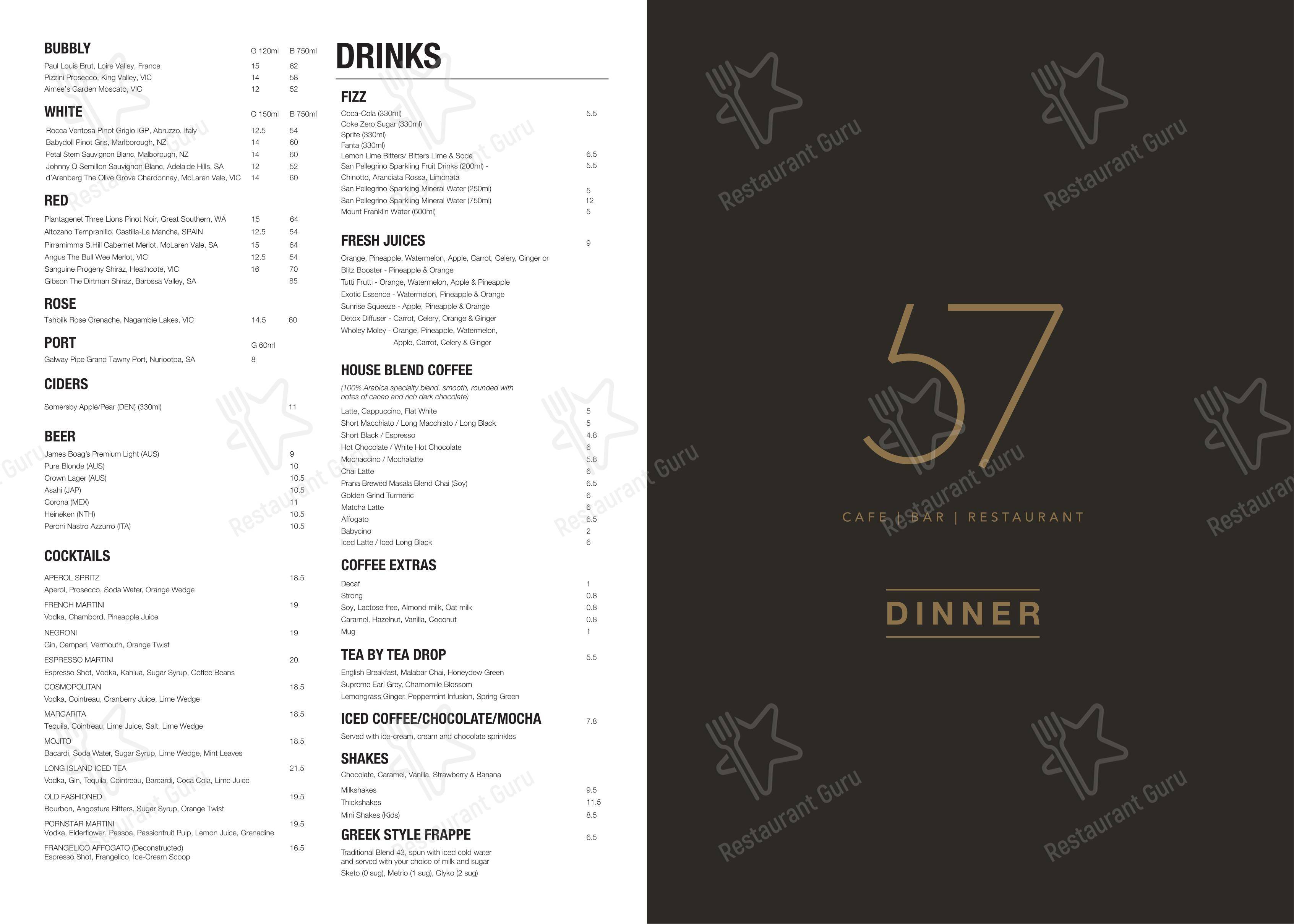 Menu at 57 Cafe Bar Restaurant, Mount Waverley, Pinewood Shopping Centre 57
