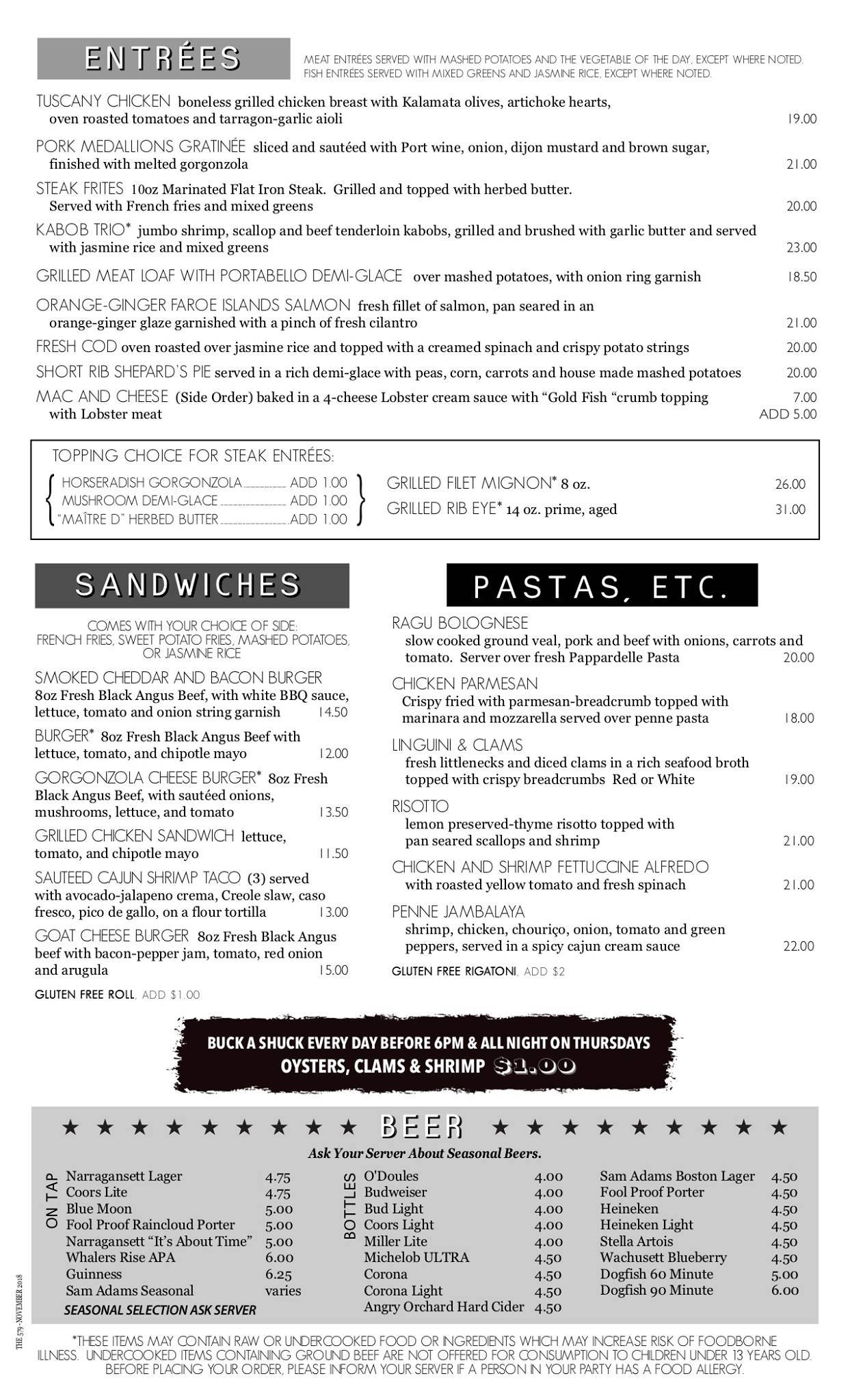 Menu at 579 Benefit Street Restaurant, Pawtucket