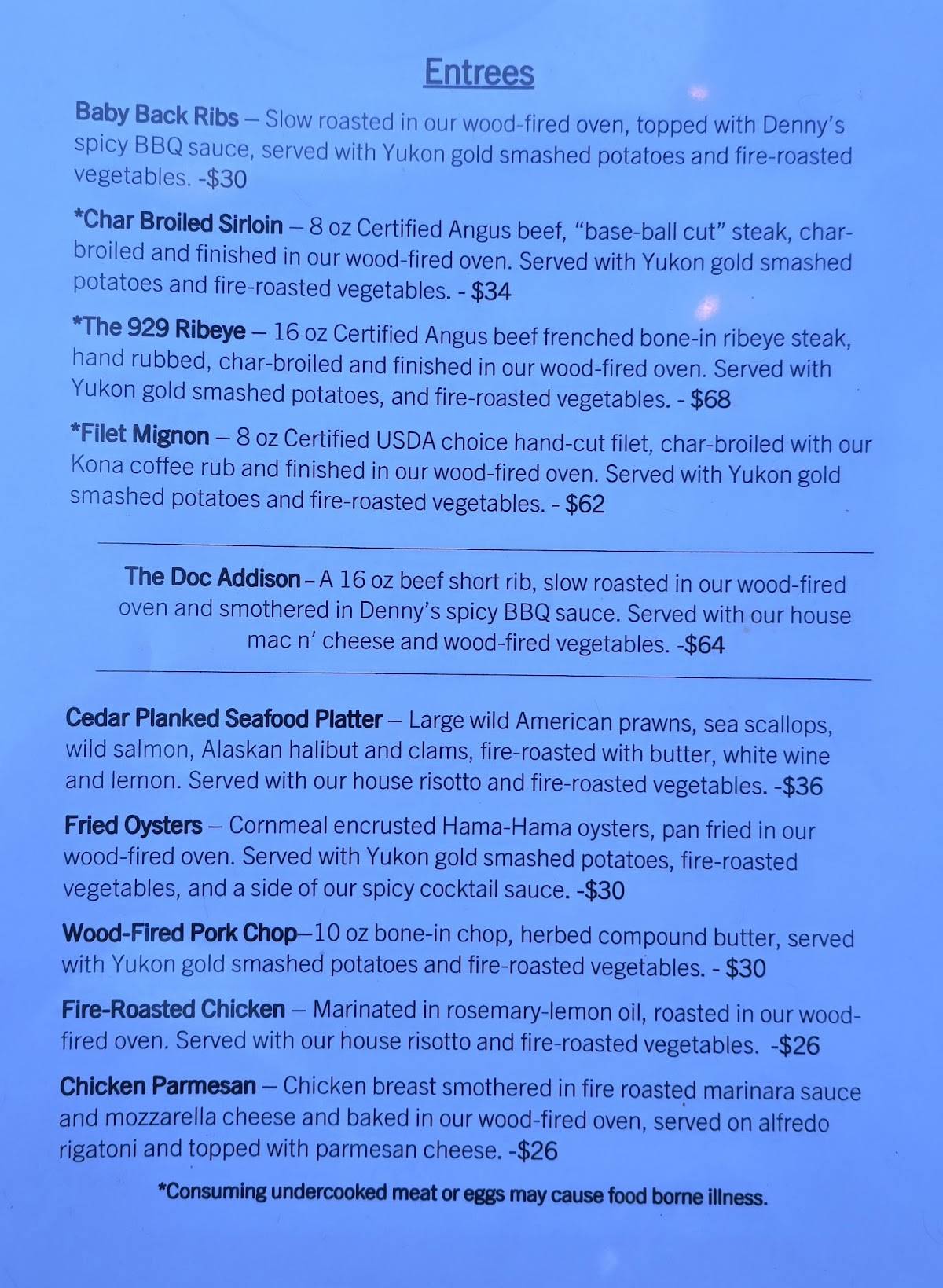 Menu at 929 Woodfire Grill steakhouse, Port Angeles