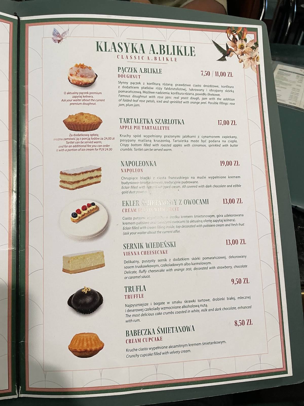 Menu at A.Blikle cafe, Warsaw, Nowy Świat 33