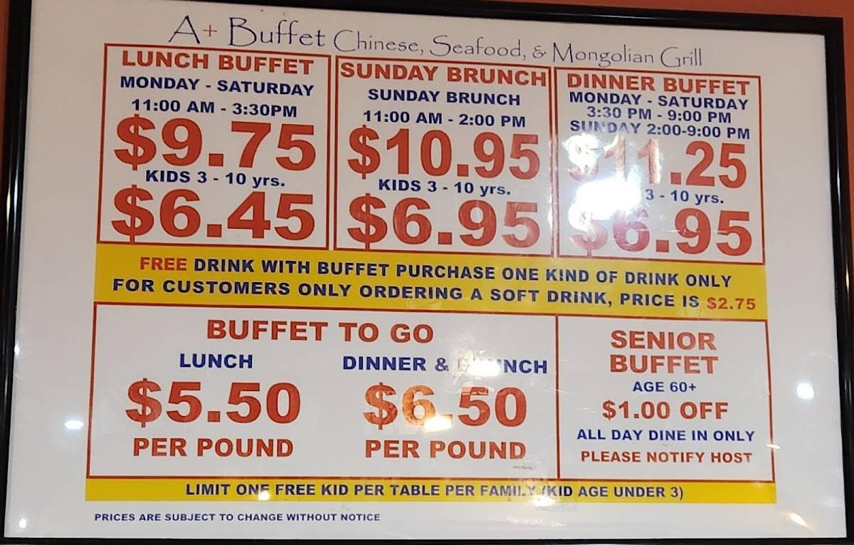 Menu at A+ Buffet Mongolian Grill restaurant, Omaha