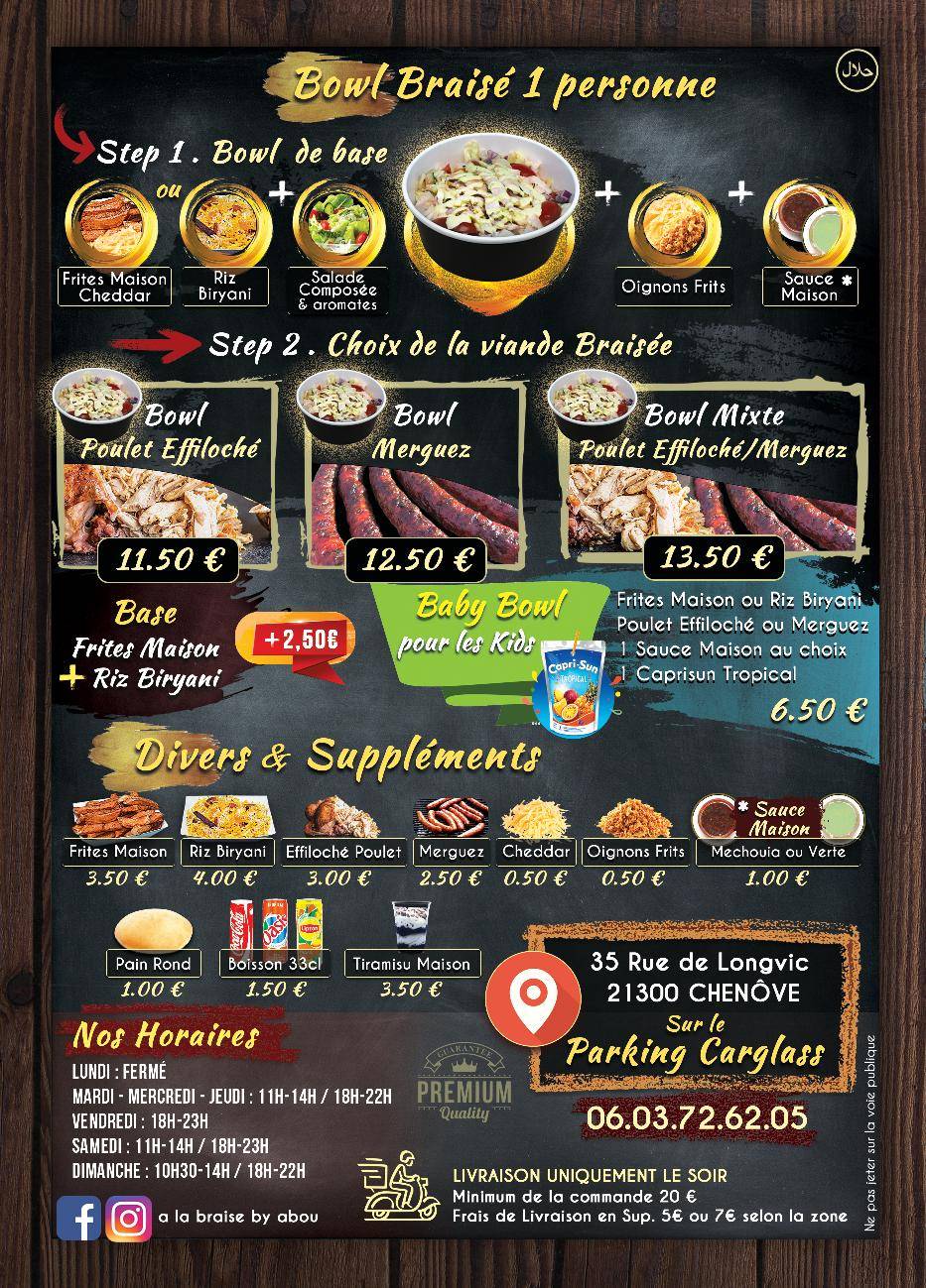 Menu au A LA BRAISE by Abou restaurant, Chenôve