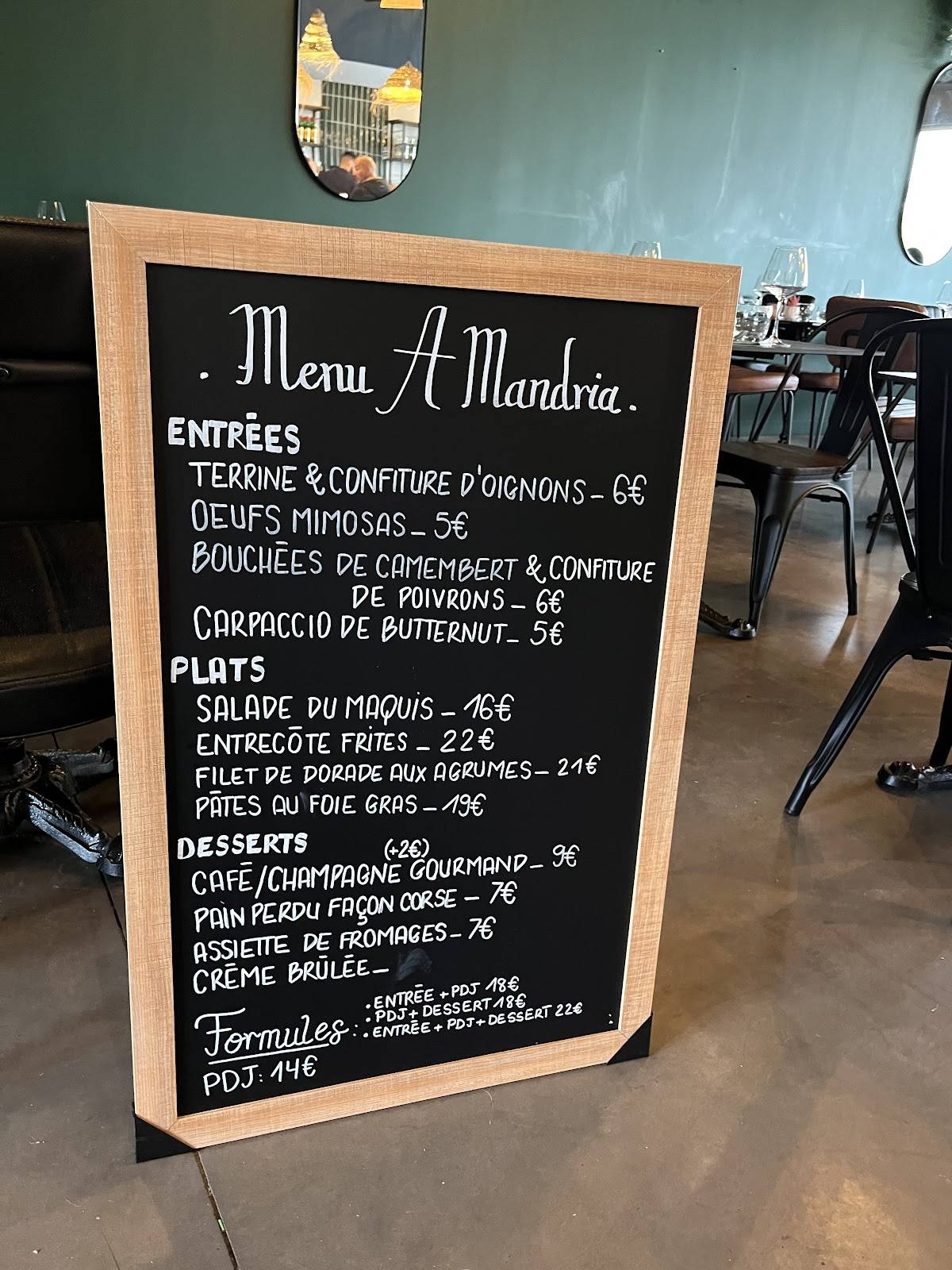 Menu au A Mandria restaurant, Fabrègues