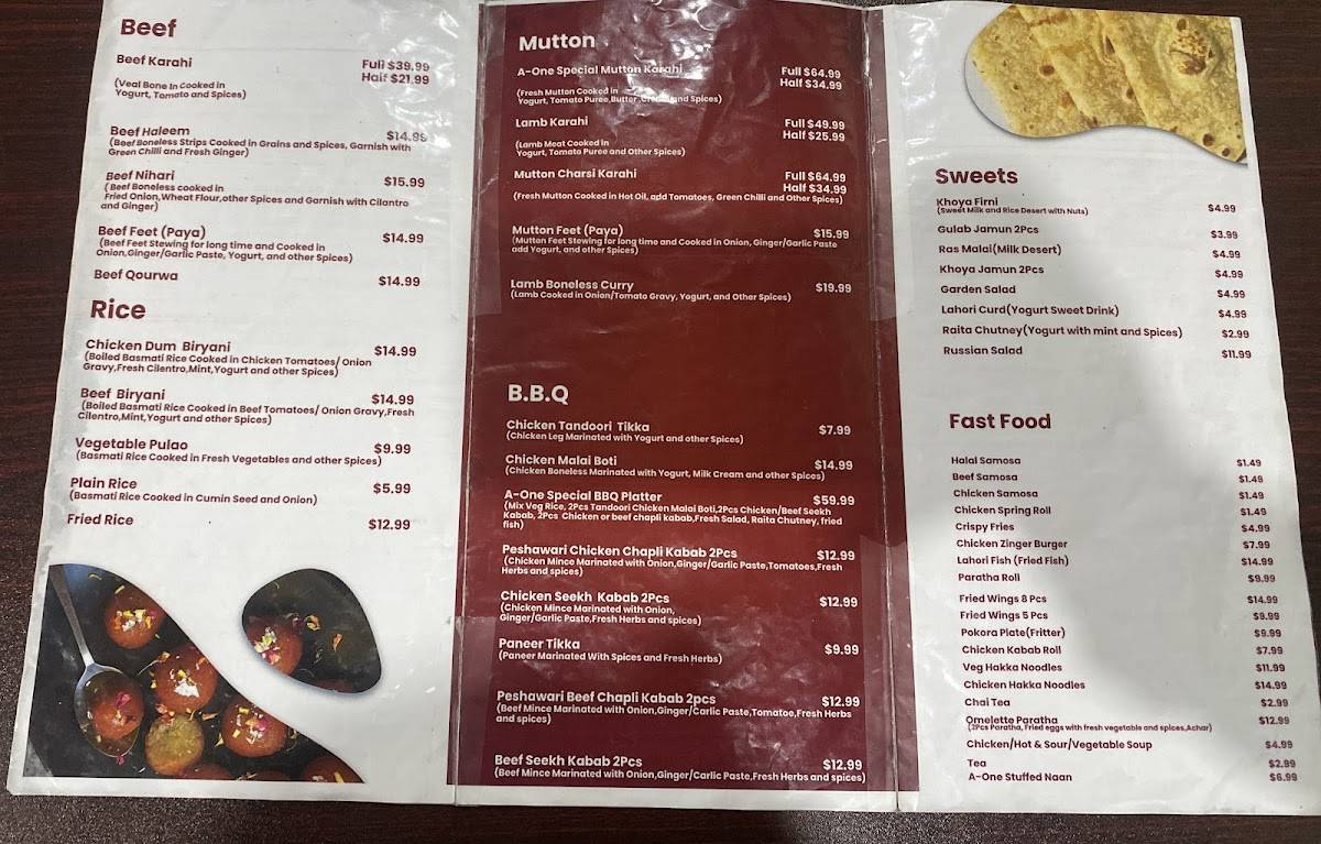 Menu at A-ONE Restaurant, Winnipeg