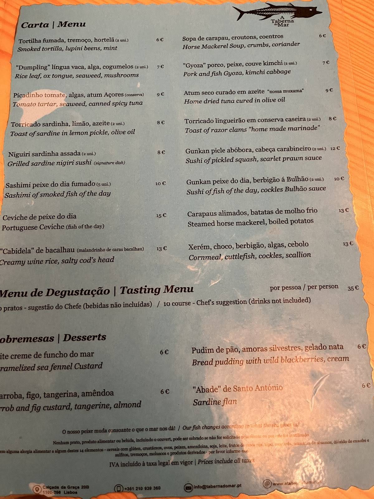 Menu em A Taberna Do Mar restaurante, Lisboa