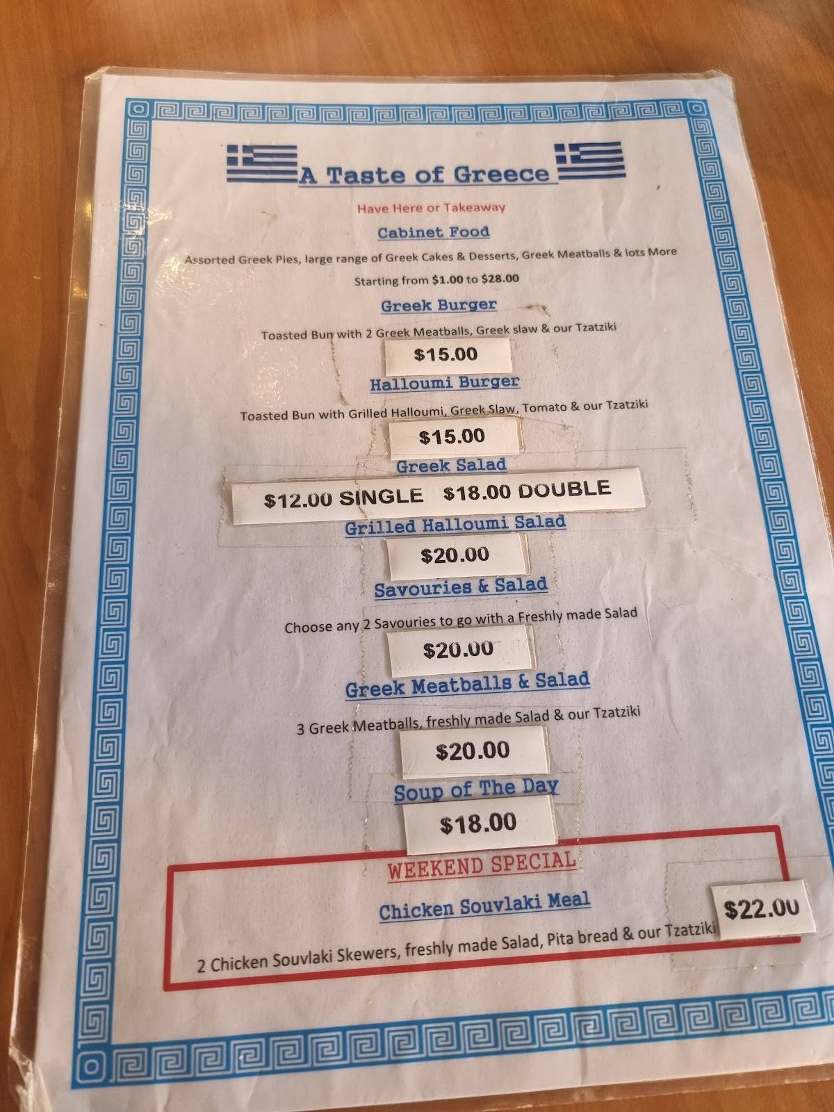 Menu at A Taste of Greece restaurant, Wellington