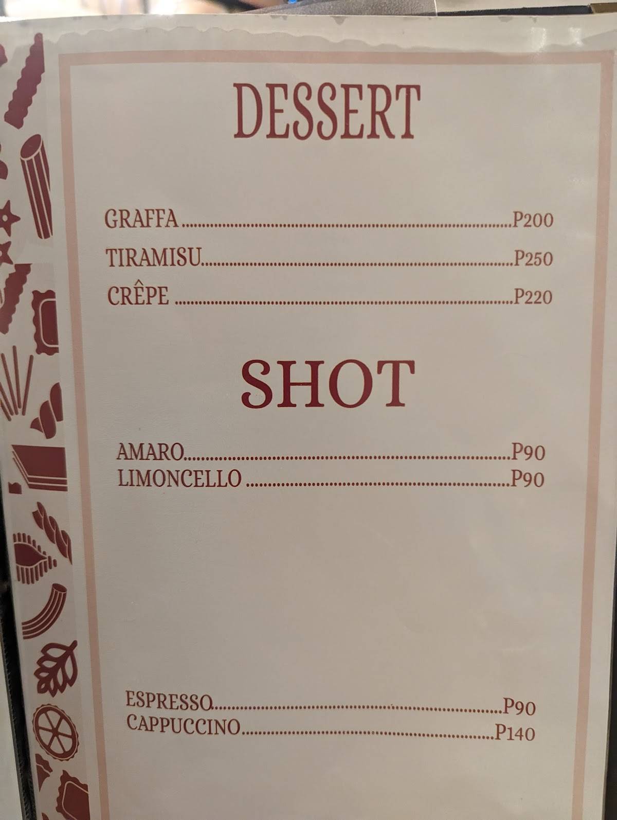 Menu at A Tavola restaurant, Panglao