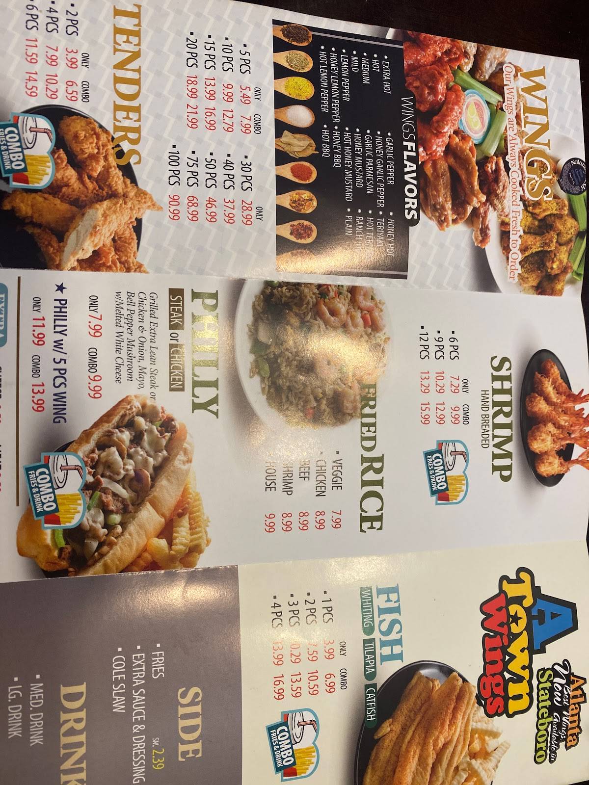 Menu at A Town Wings restaurant, Statesboro