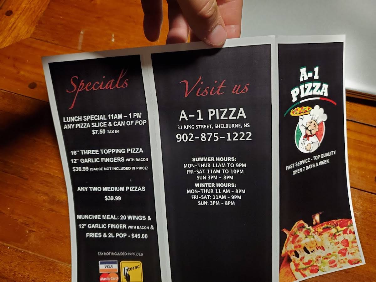 Menu at A1 Pizza restaurant, Shelburne