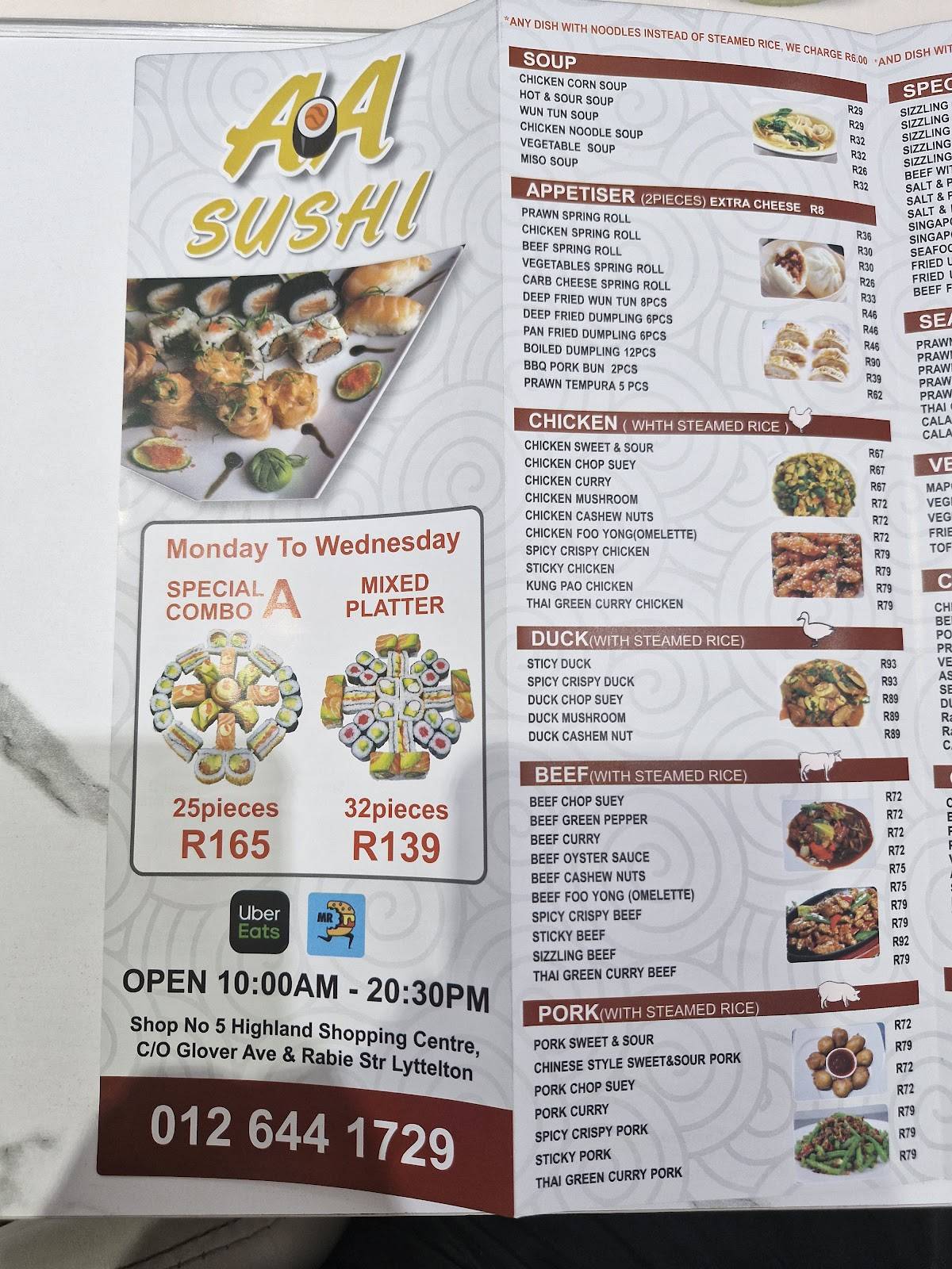 Menu at AA Sushi restaurant, Centurion