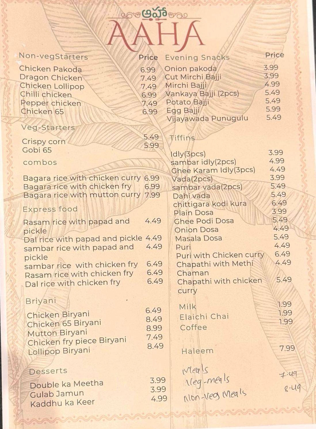 Menu at AAHA Flavours of India restaurant, Luton