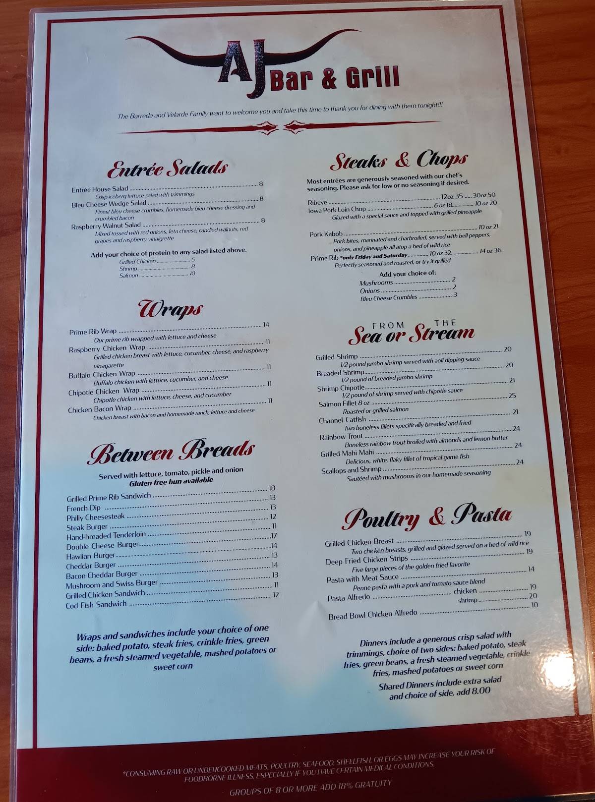 Menu at AJ Steakhouse, Waukon