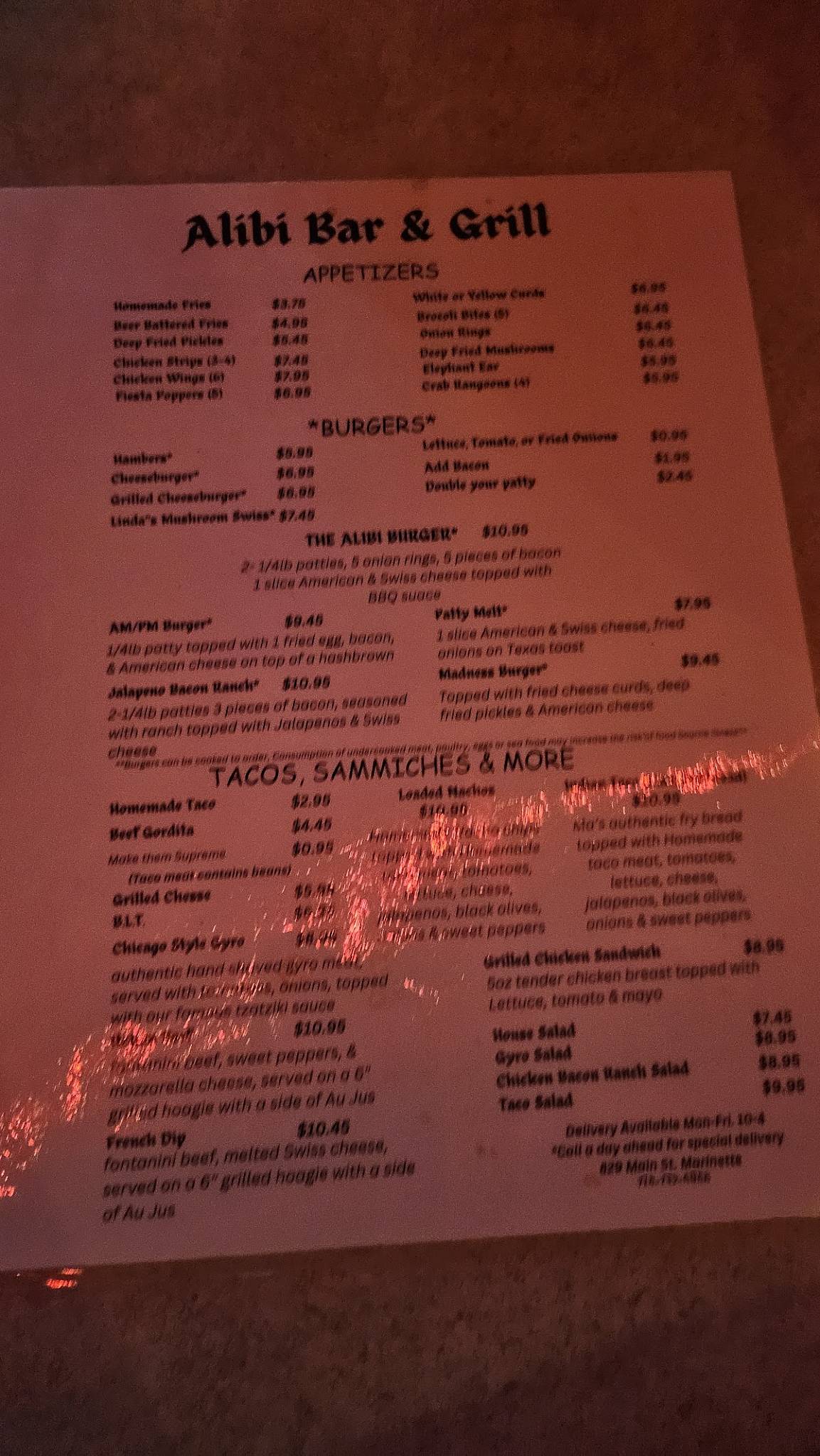 Menu at ALiBi Bar and Grill, Marinette