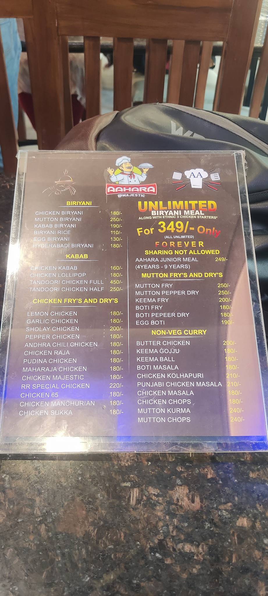 Menu at Aahara At Majestic, Bengaluru