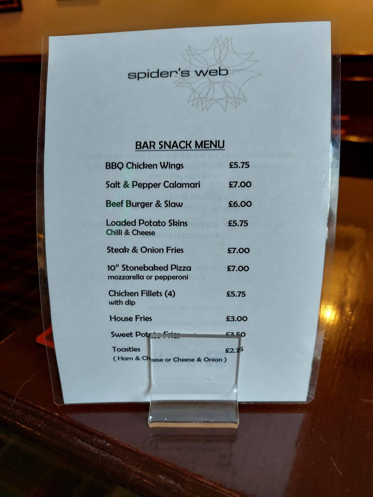 Menu at Spider's Web pub & bar, Aberdeen, 19-21 Station Rd