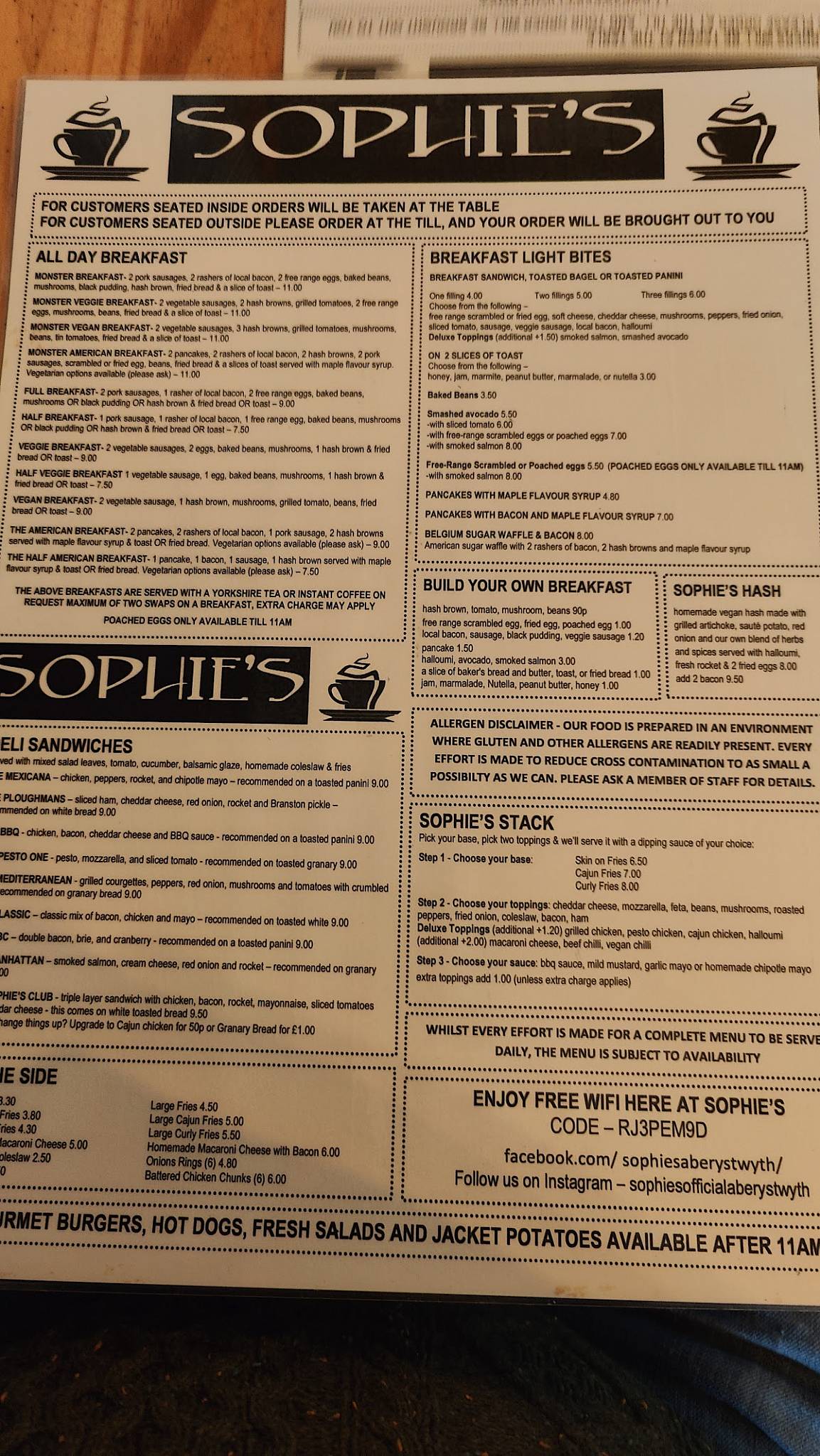 Menu at Sophie's cafe, Aberystwyth