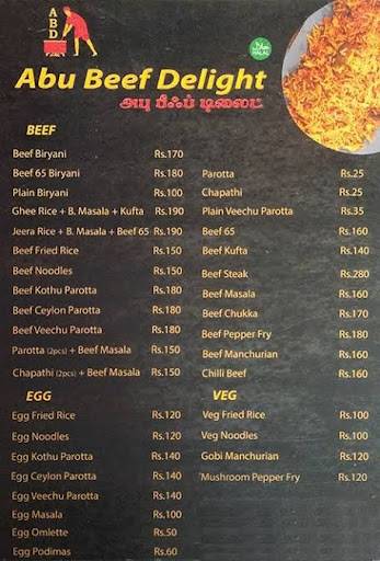 Menu at Abu Beef Delight, Chennai