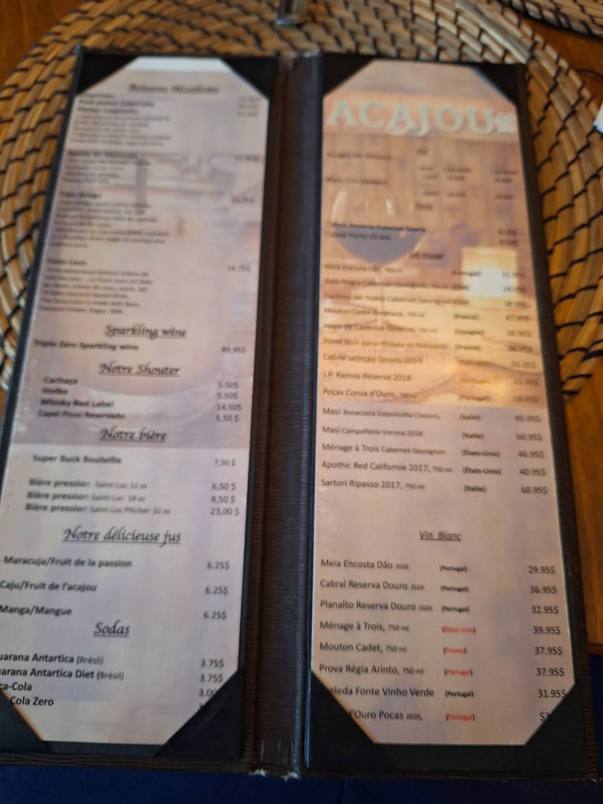 Menu at Acajou BR restaurant, Montréal, a Saint Denis St