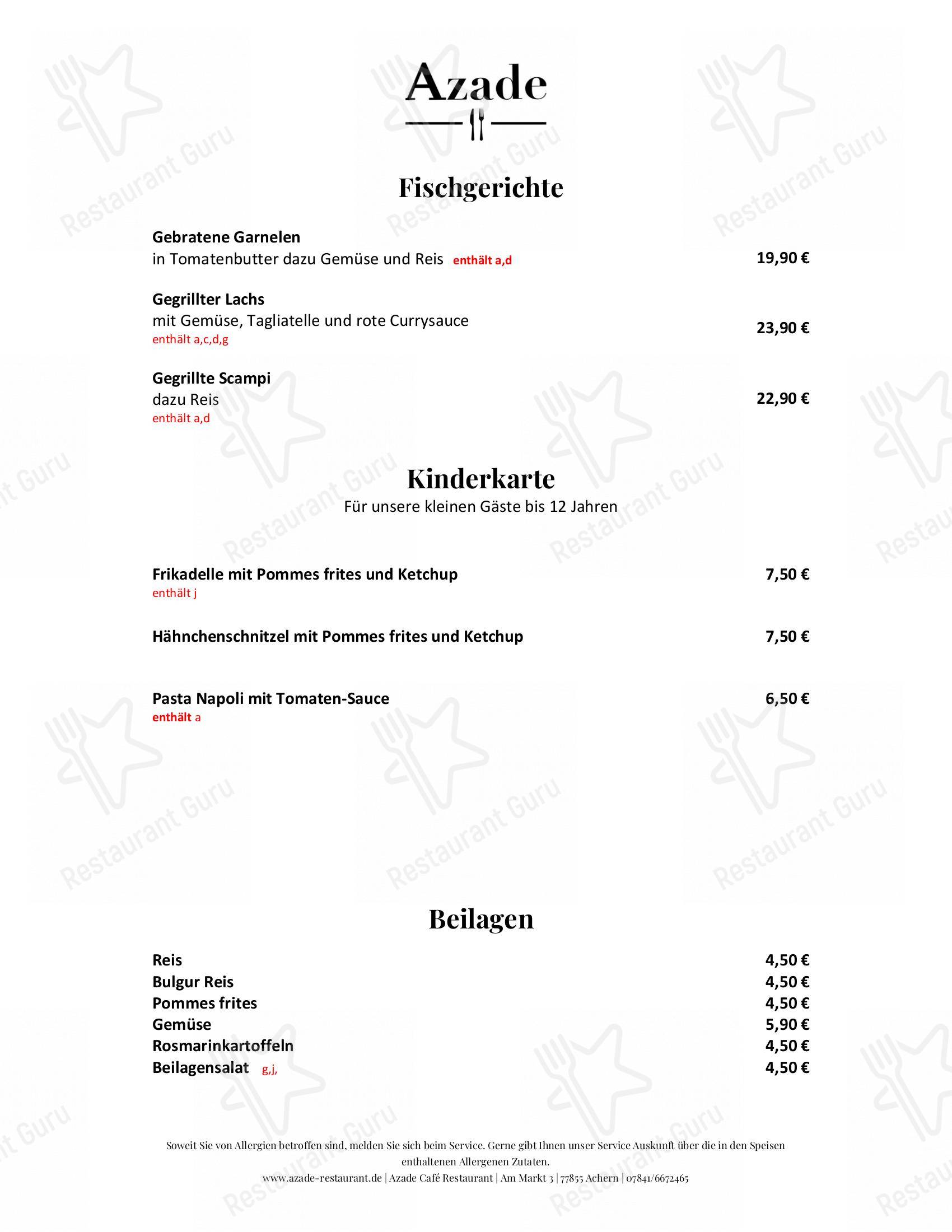 Speisekarte von Azade Cafe Restaurant, Achern
