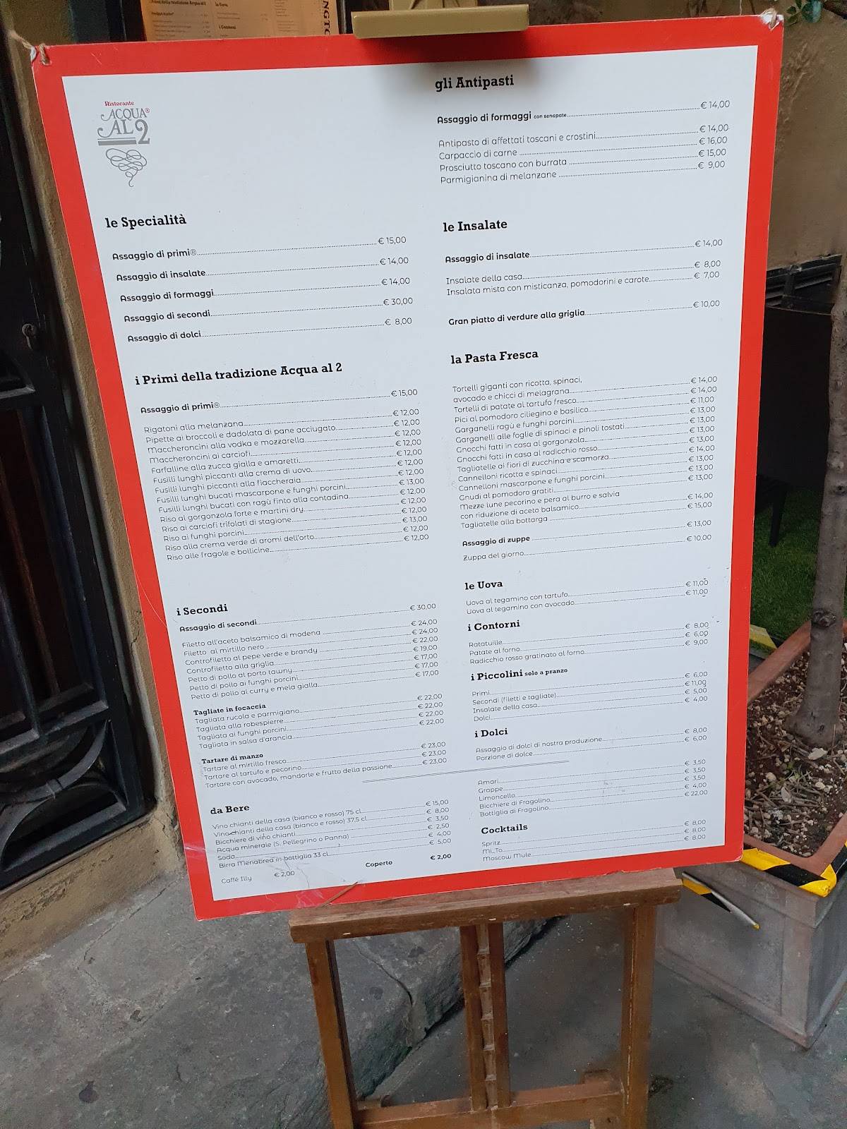 Menu au Acqua Al 2 pub et bar, Florence