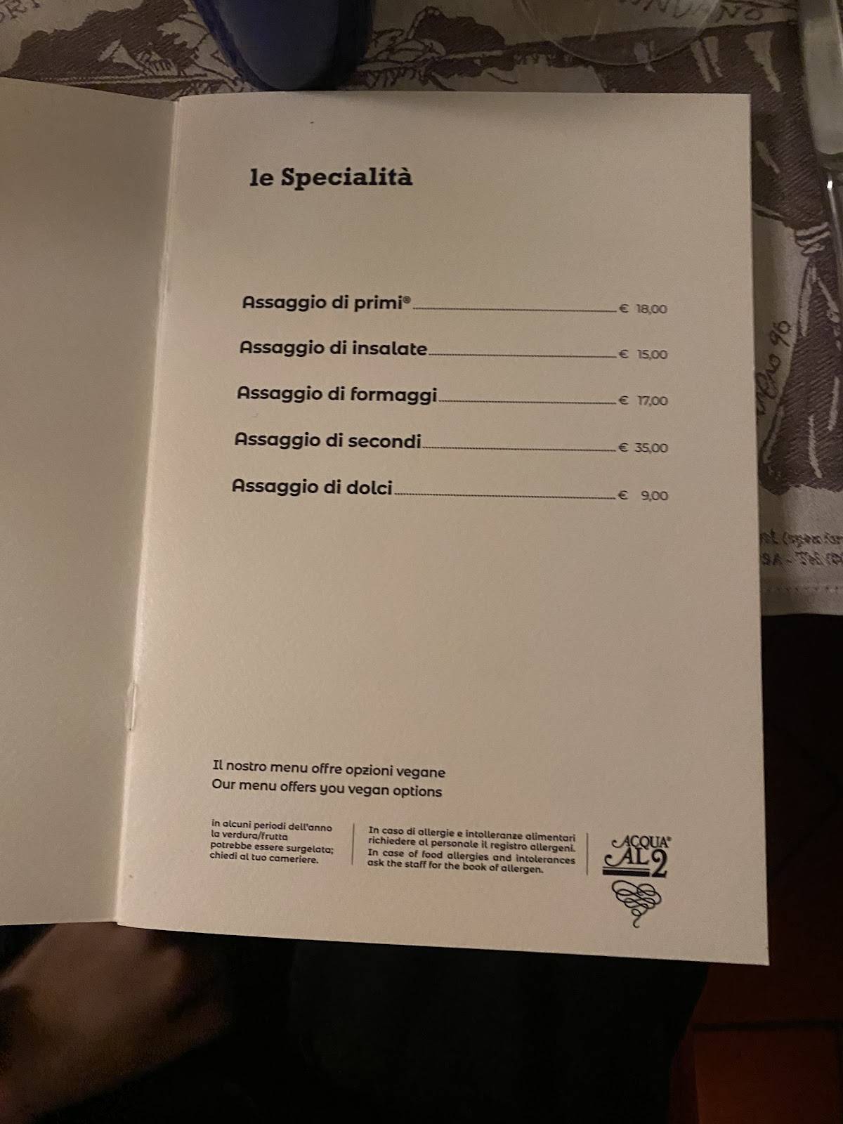 Speisekarte von Acqua Al 2 pub & Bar, Florenz