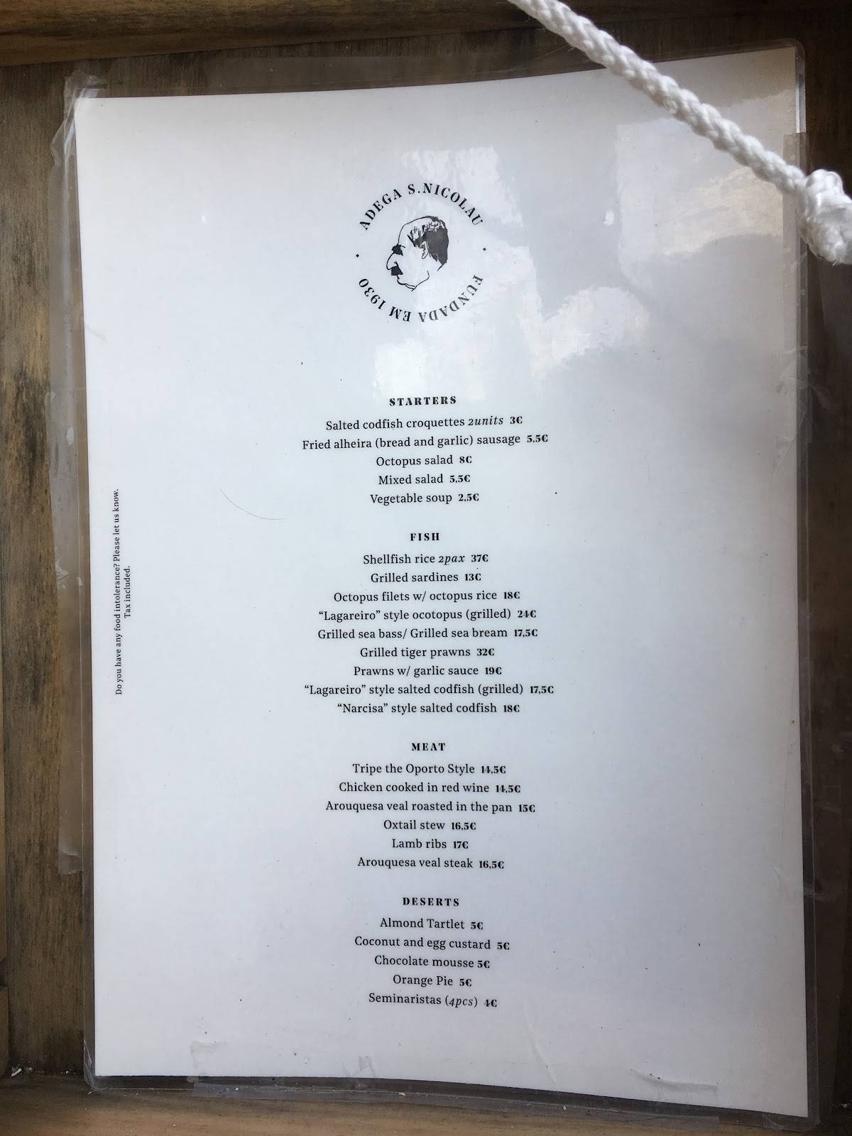 Menu at Adega São Nicolau restaurant, Porto, R. de São Nicolau 1