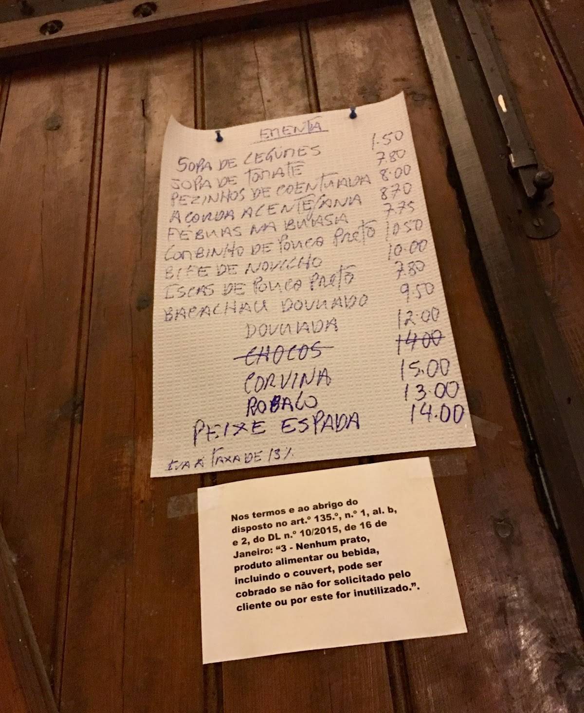 Menu at Adega do Alentejano restaurant, Evora, R. Gabriel Victor do ...