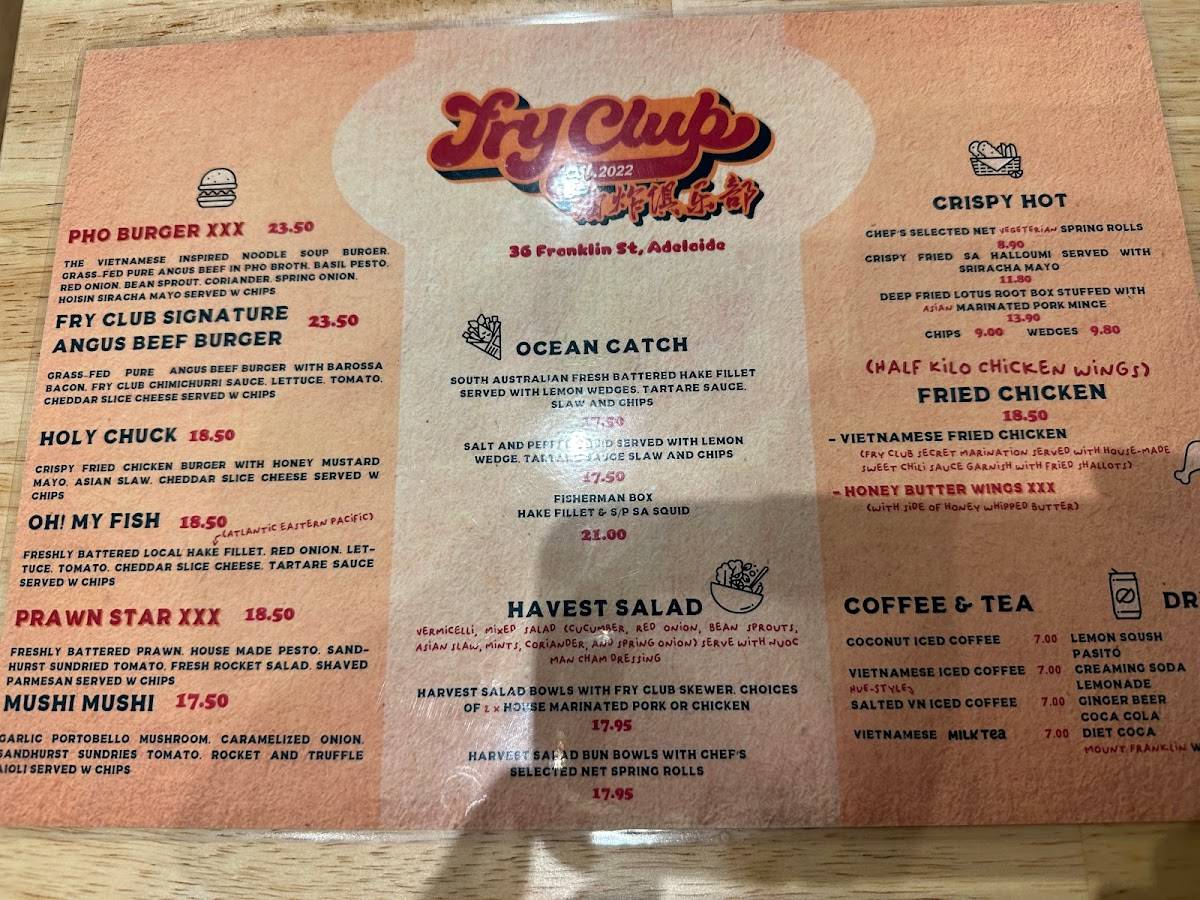 Menu at Fry Club, Adelaide