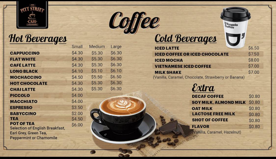 Menu at Pitt Street Cafe, Adelaide