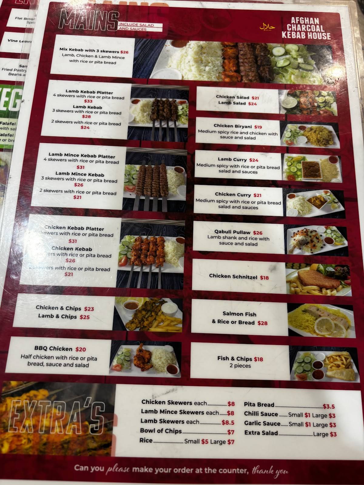 Menu at Afghan Charcoal Kebab House restaurant, Adelaide