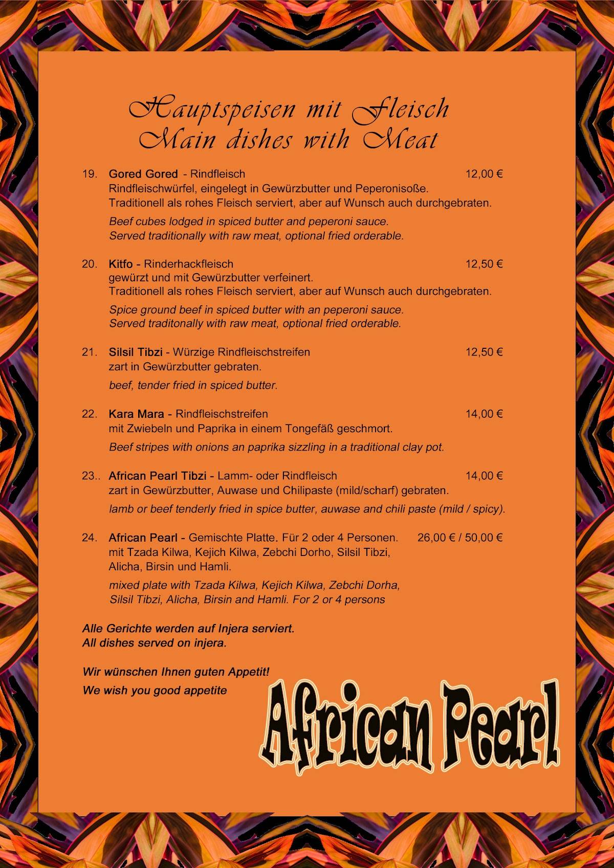 Speisekarte von African Pearl restaurant, Frankfurt am Main
