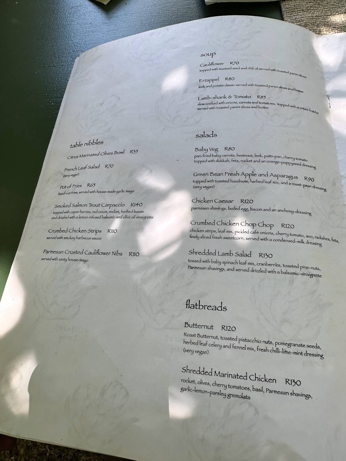 Menu at Afro-Boer restaurant, Pretoria